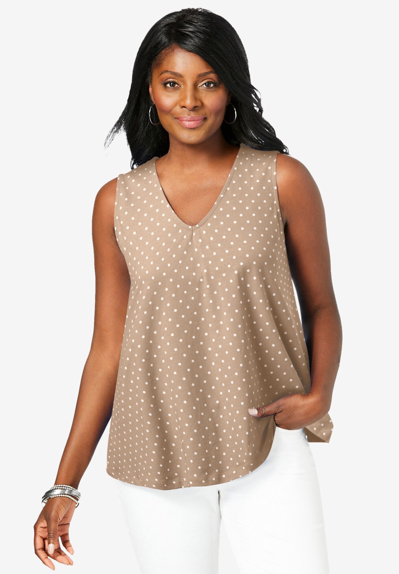 Stretch Cotton V-Neck Trapeze Tank Top, New Khaki Ivory Dot | Catherines