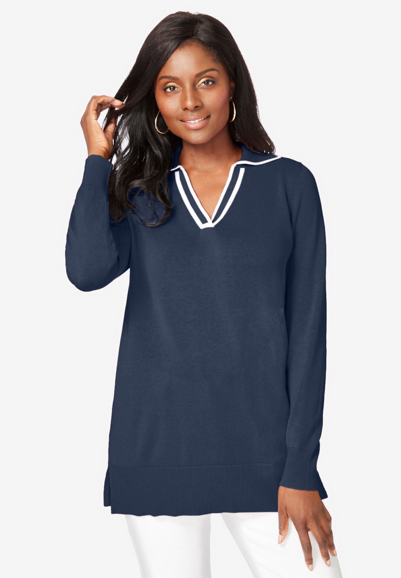 Fine Gauge Tipped Collar Sweater for Women, Navy White | Catherines