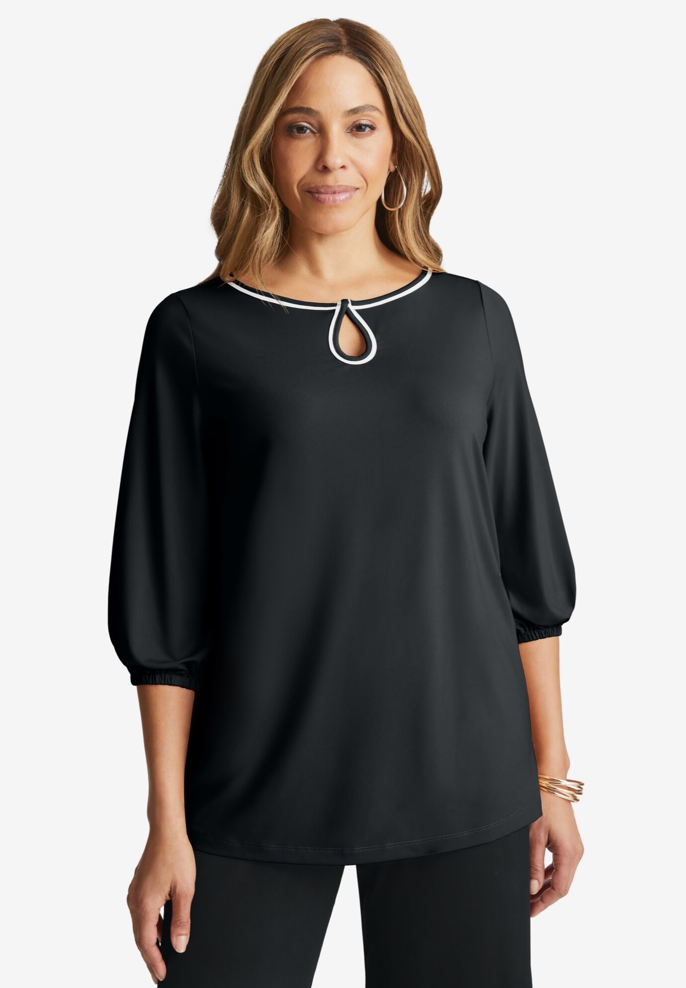 Chic Keyhole Neck Top - Three-Quarter Sleeves, 4488720 | Catherines