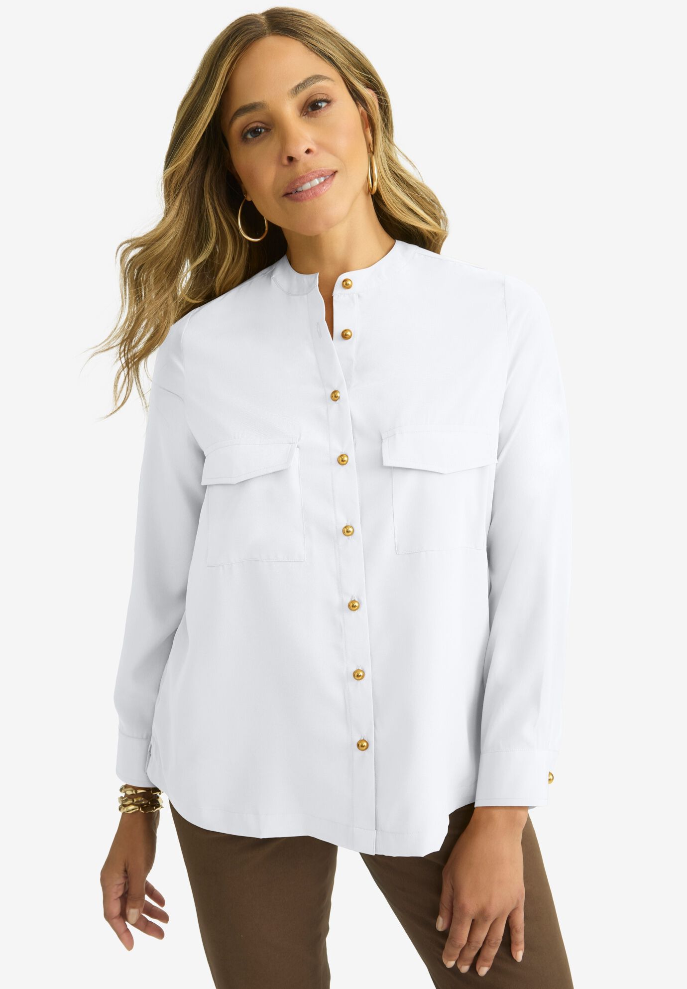 Button-Front Chest Pocket Blouse | Catherines