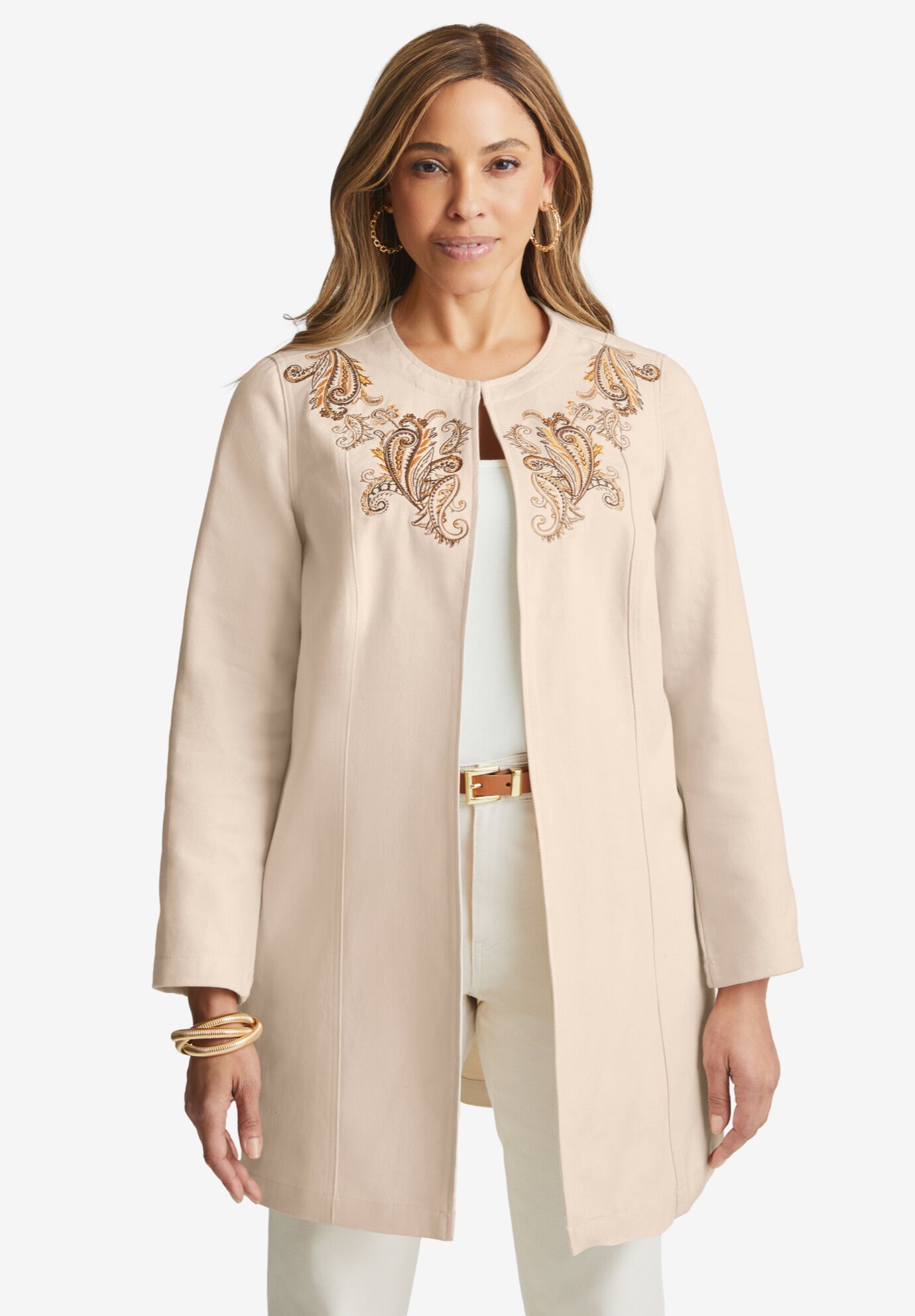 Embroidered Denim Topper with Pockets, Oatmeal Paisley Border | Catherines