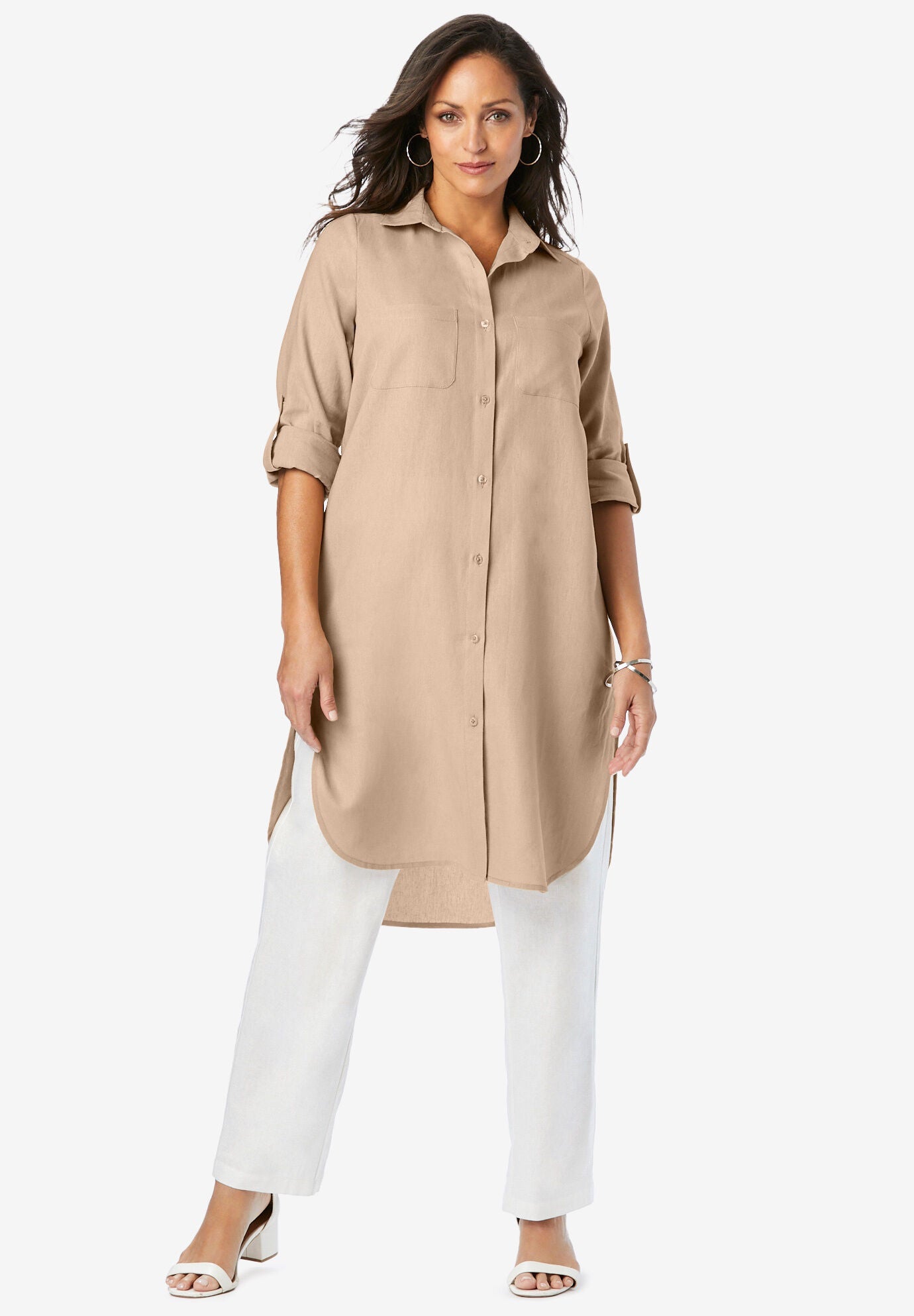 Linen Mega Tunic with Roll-Tab Sleeves, New Khaki | Catherines