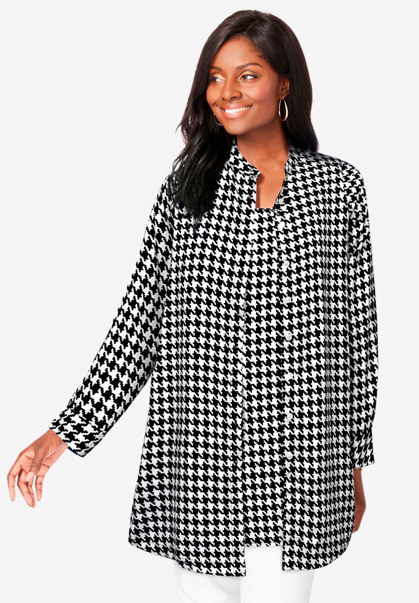 Georgette Button Front Tunic with High Slits, White Houndstooth ...