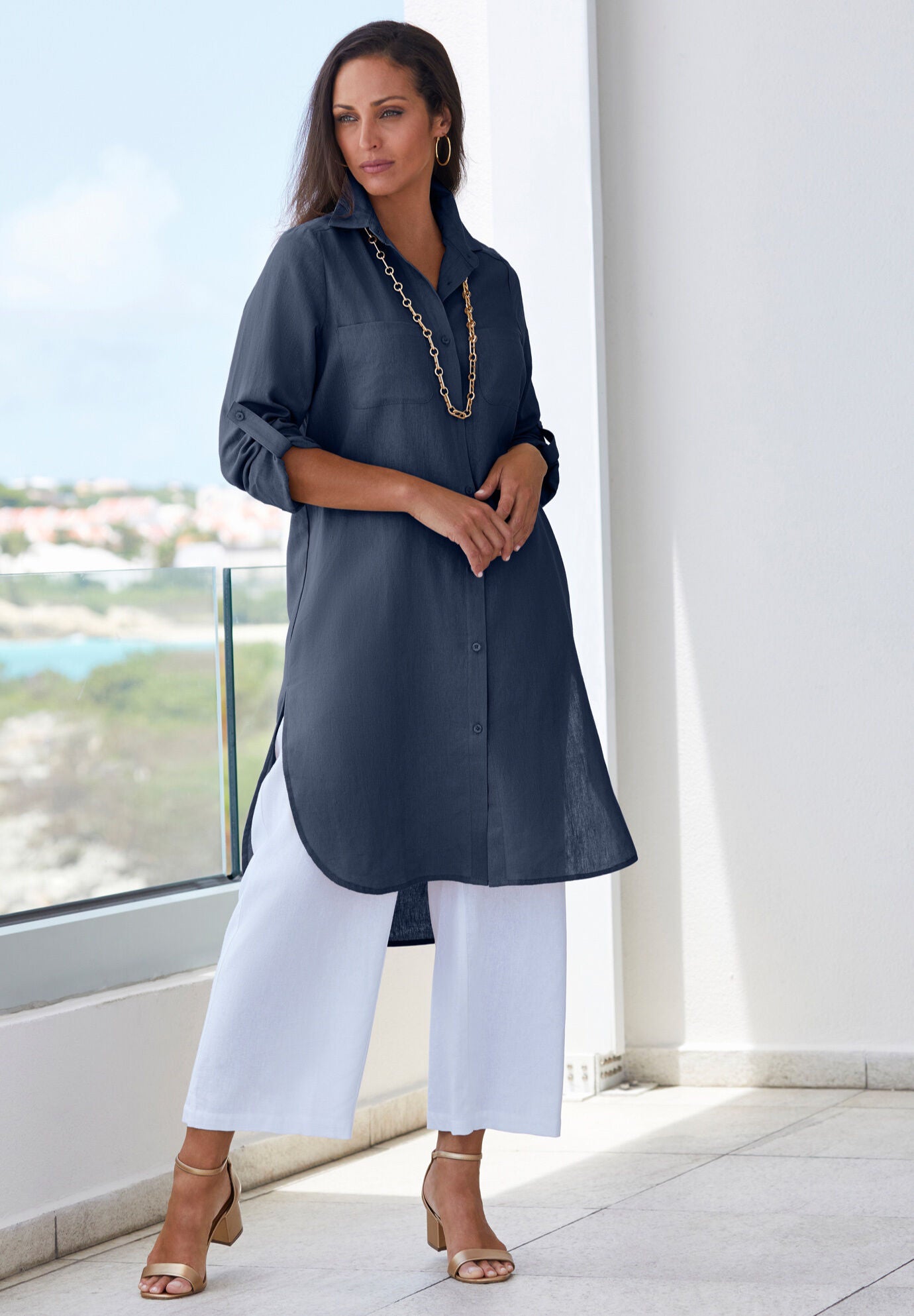 Linen Mega Tunic with Roll-Tab Sleeves, New Khaki | Catherines
