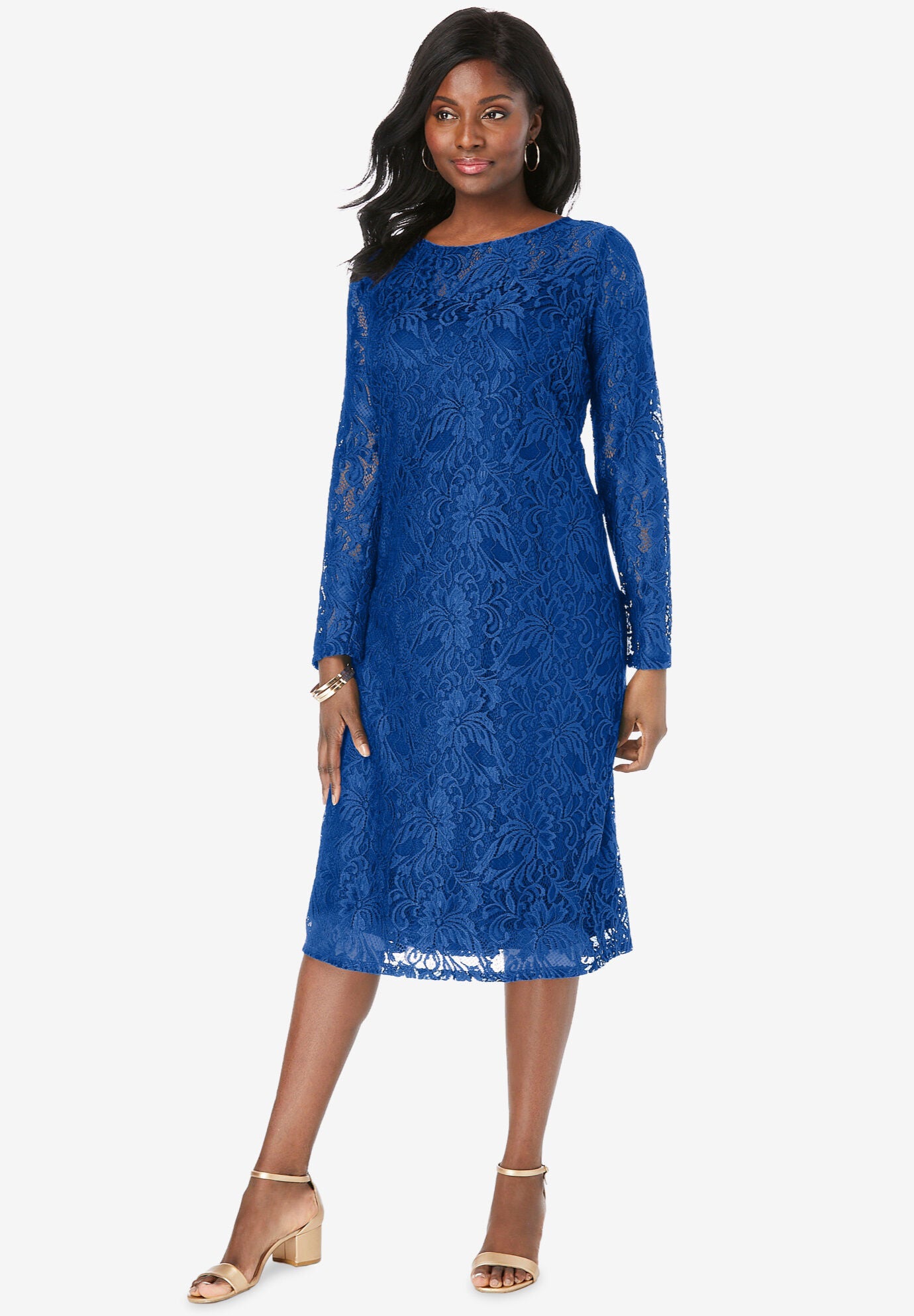 Elegant Stretch Lace Shift Dress - Embrace Lace, Dark Sapphire | Catherines
