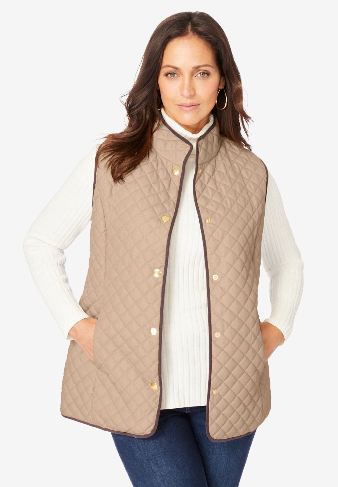 Quilted Vest with Corduroy Tipping Detail, Pine | Catherines