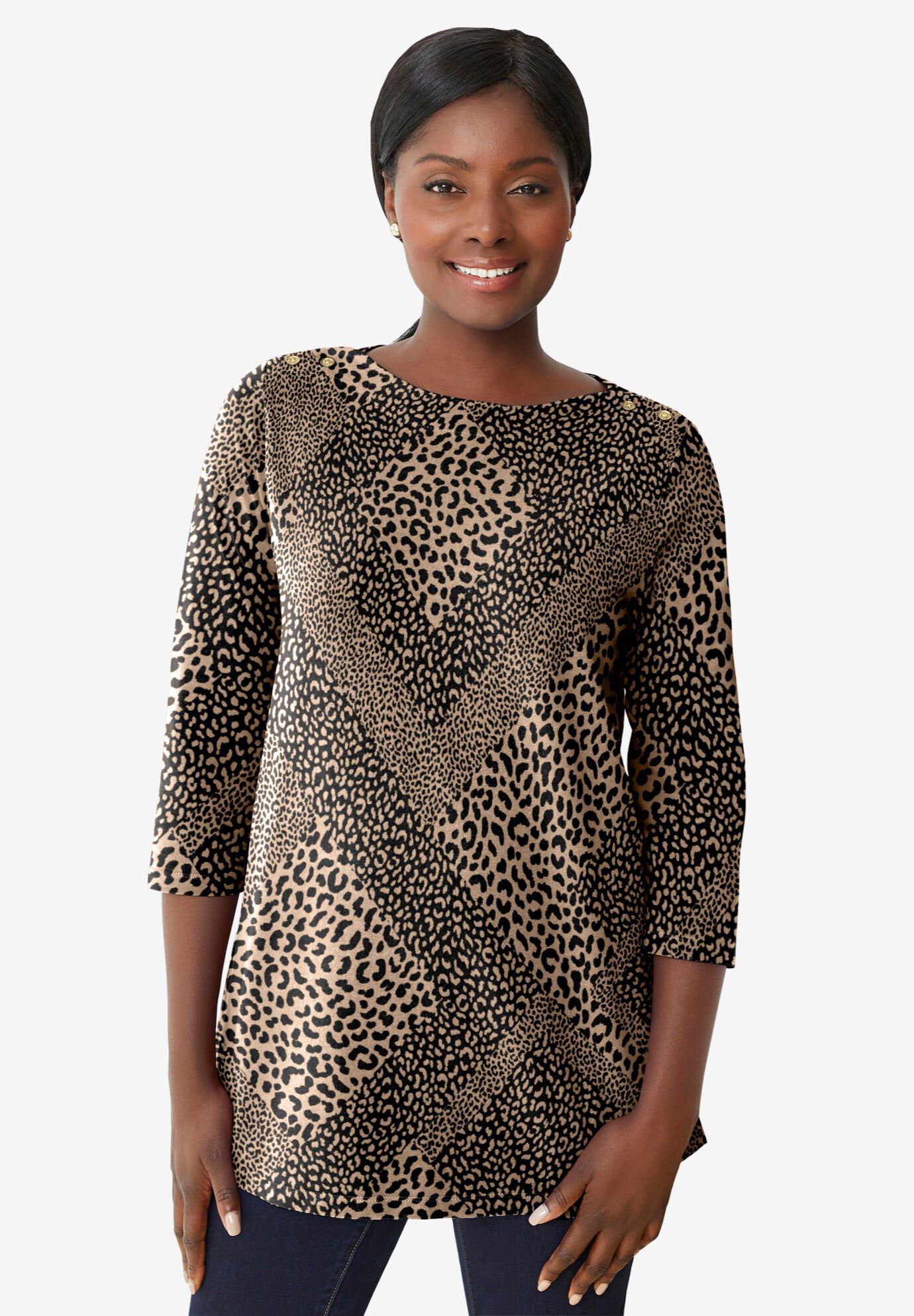 Stretch Cotton Boatneck Tunic - Knit Top, New Khaki Animal Patchwork ...