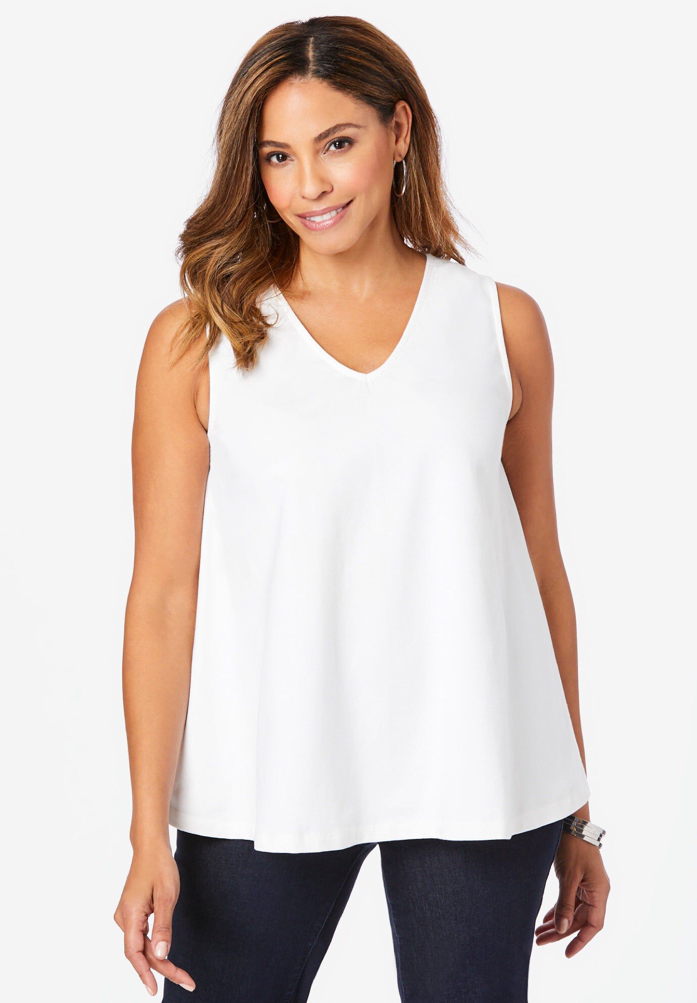 Stretch Cotton V-Neck Trapeze Tank Top, Raspberry | Catherines