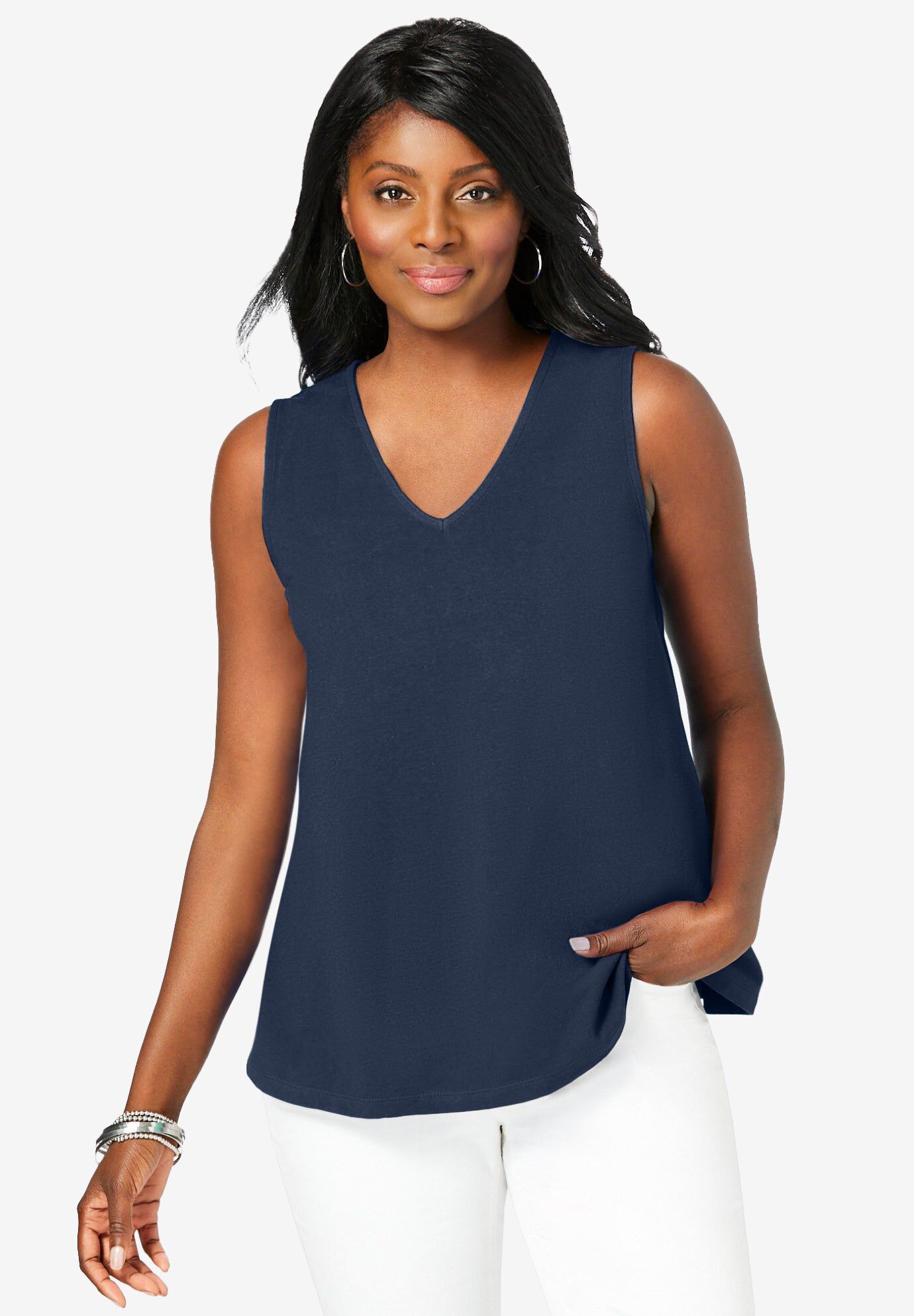 Stretch Cotton V-Neck Trapeze Tank Top, Navy | Catherines