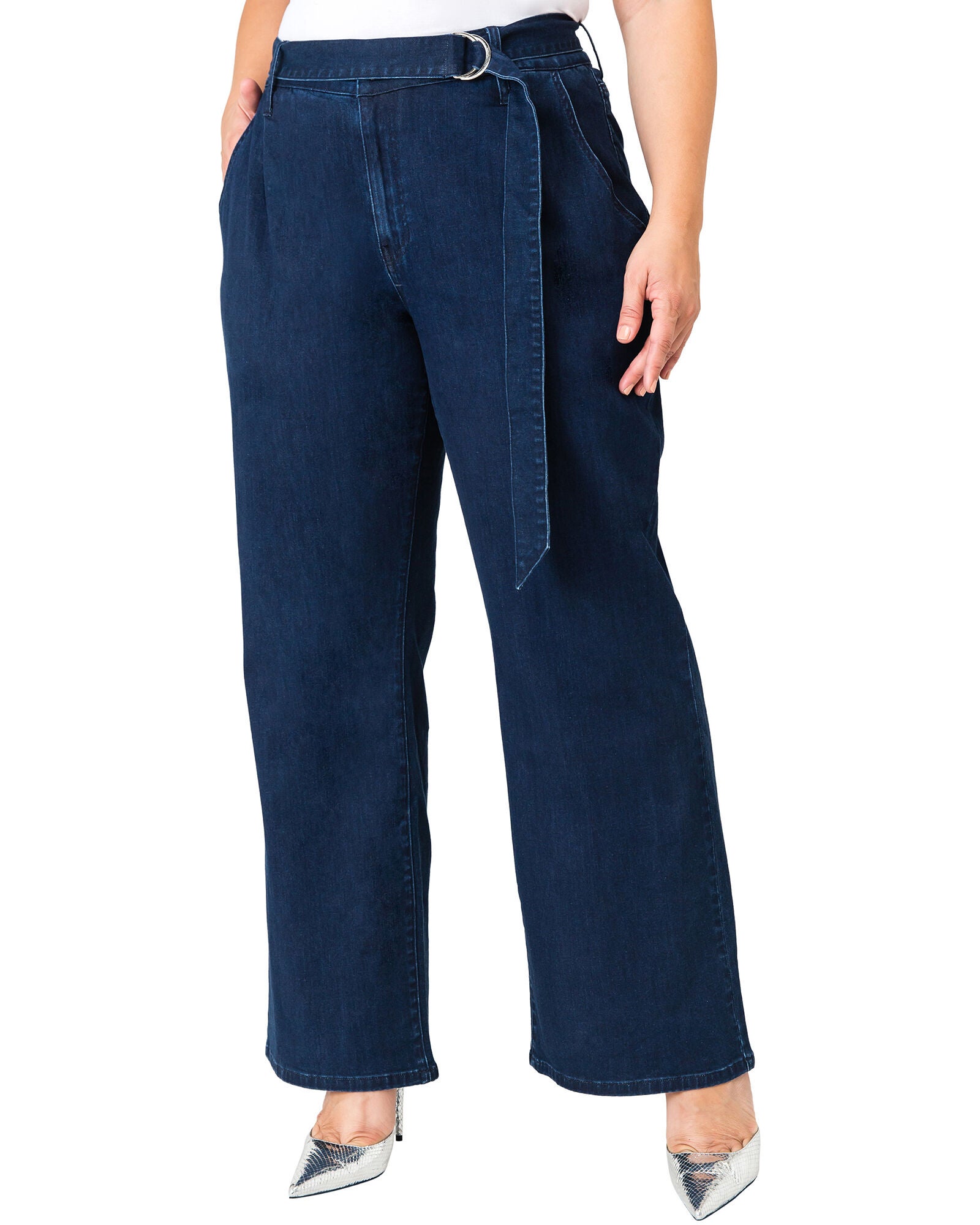 Zahra Plus Size Belted Wide Leg Denim Trouser Jeans | Catherines