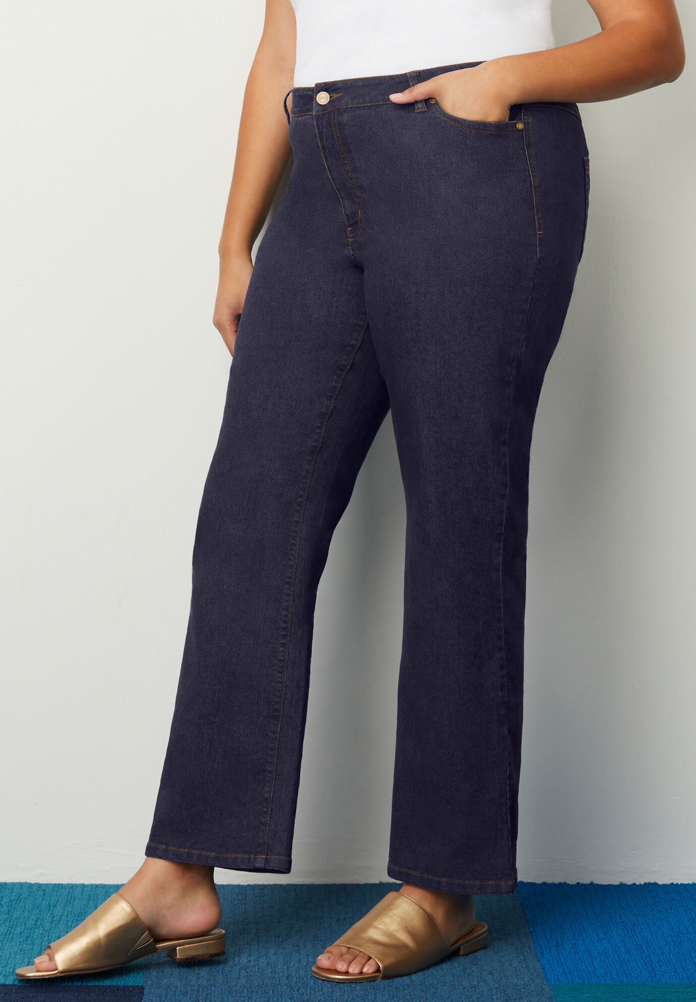 June Fit Boyfriend Jeans with 31" Inseam, Dark Blue | Catherines