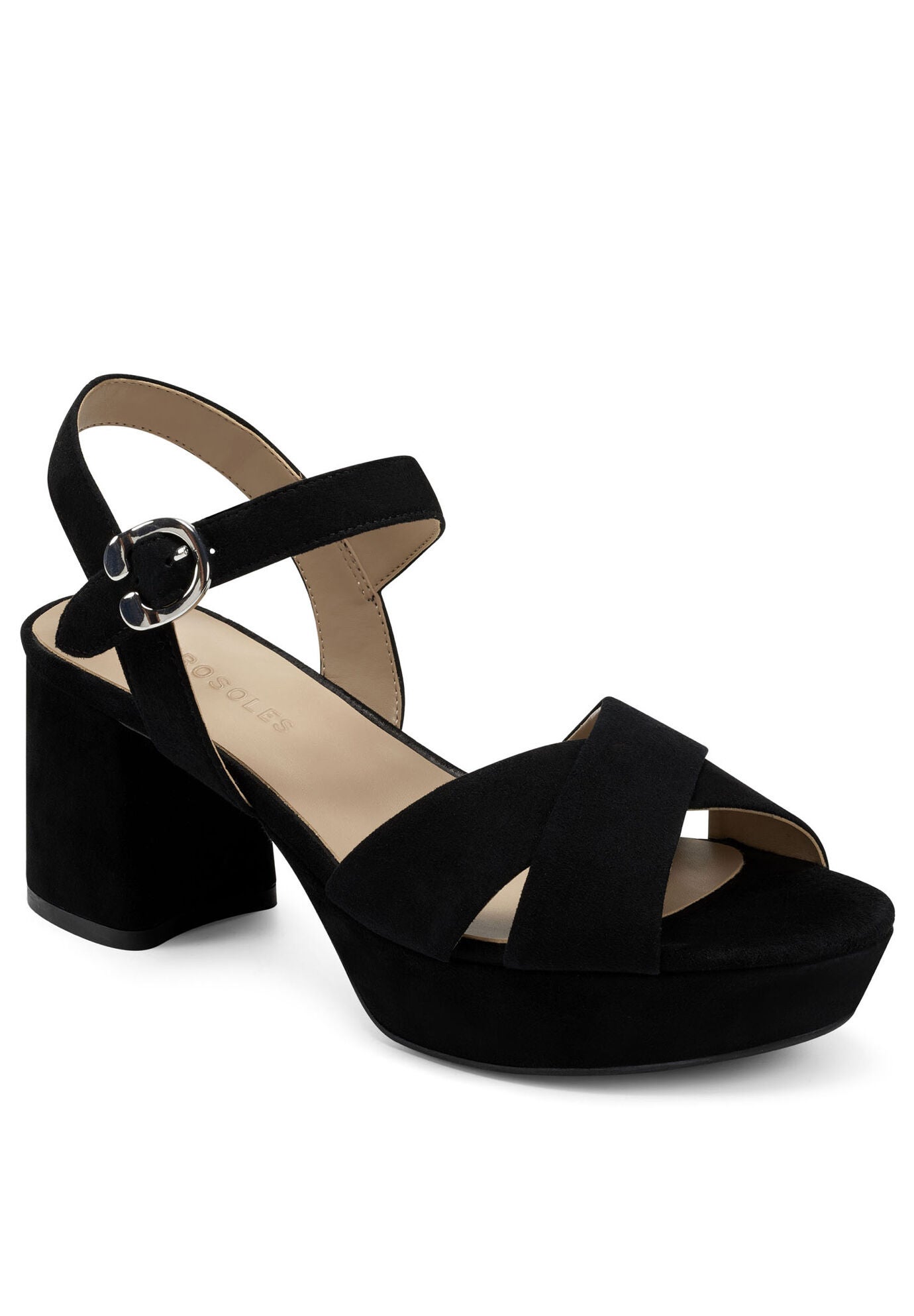 Cosmos Dressy Sandal with Crossover Straps, Black Suede | Catherines