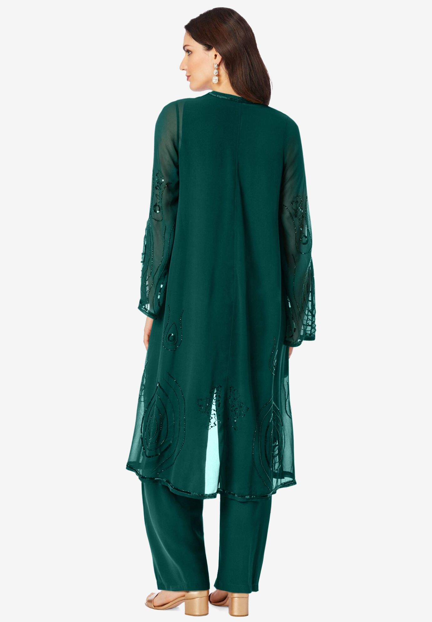 Beaded Three-Piece Pant Suit Outfit, Emerald Green | Catherines