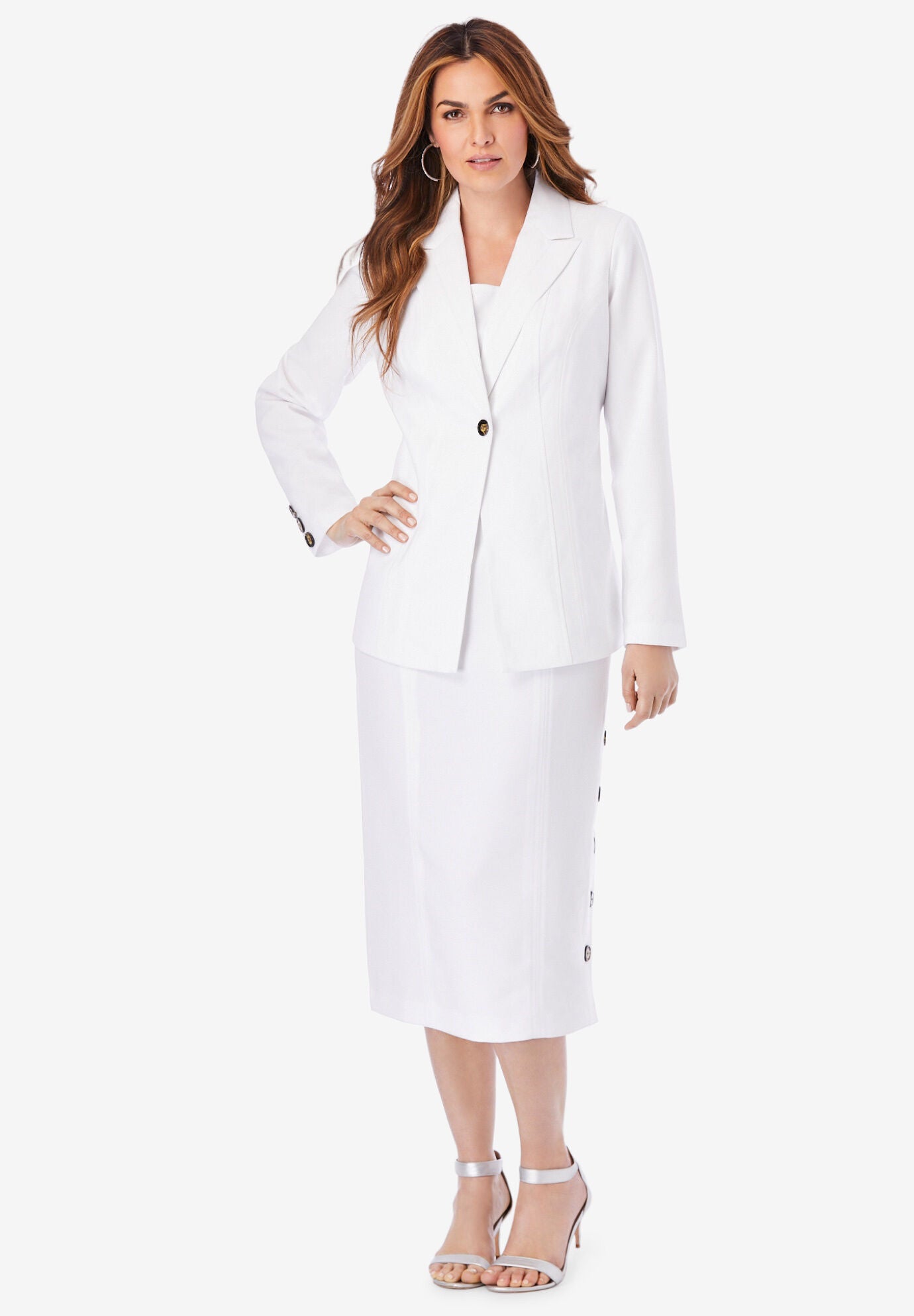 Side Button Jacket Dress - Tuxedo Style Cutaway, White | Catherines