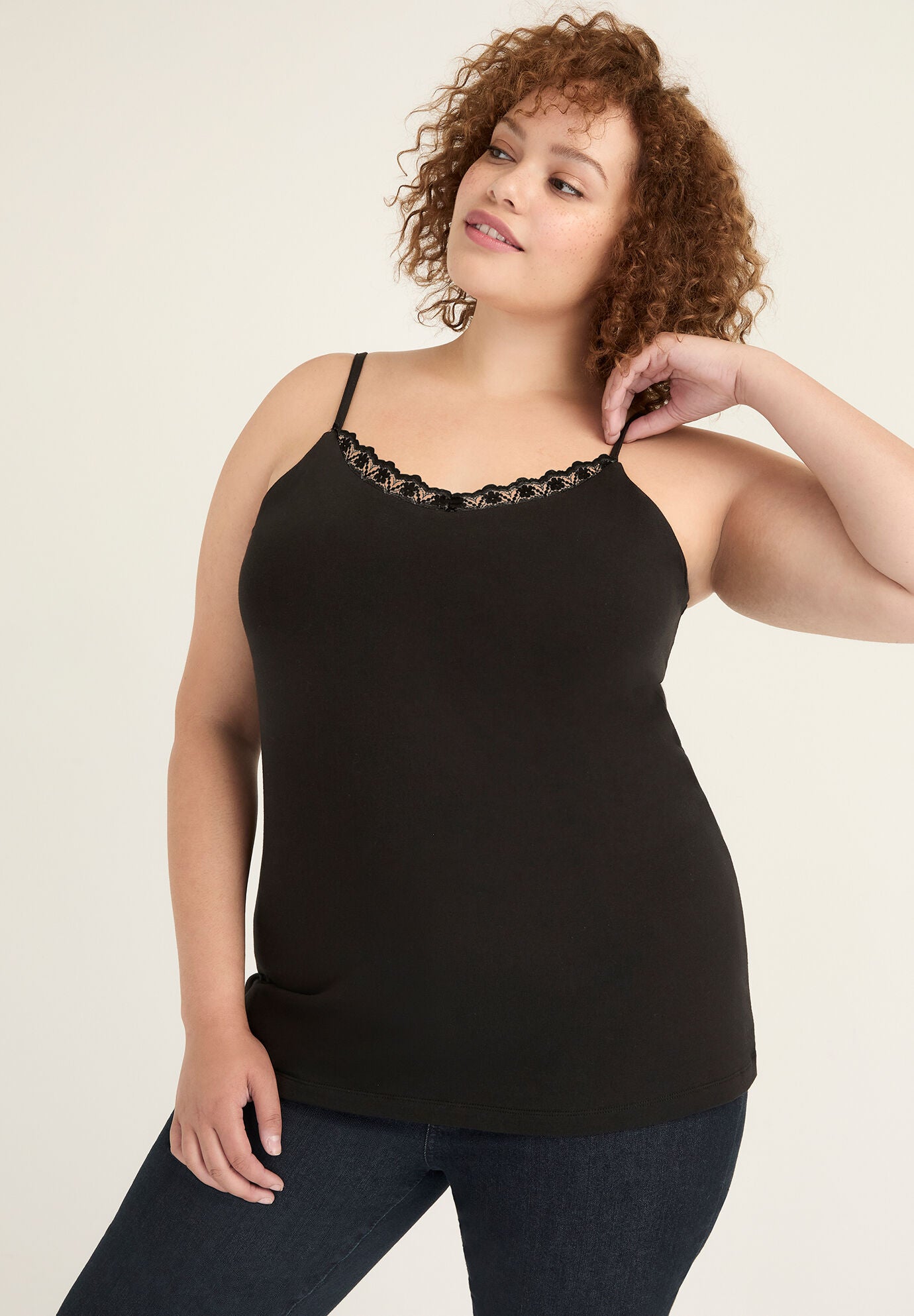 Lace-Trim Bra Cami with Built-In Support, Black | Catherines