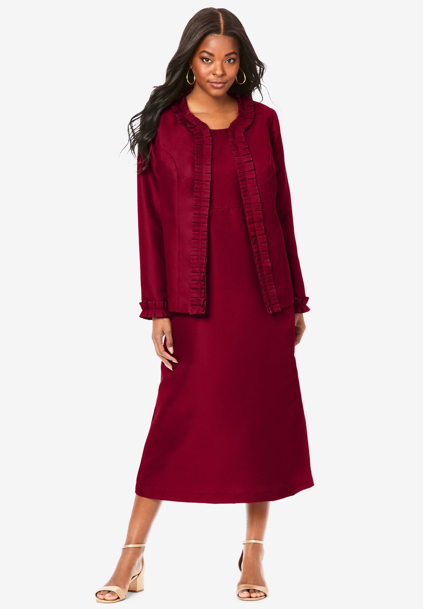 Plus Size Long Sleeve Pleated Jacket Dress Set – Elegant 2-Piece Sheath ...