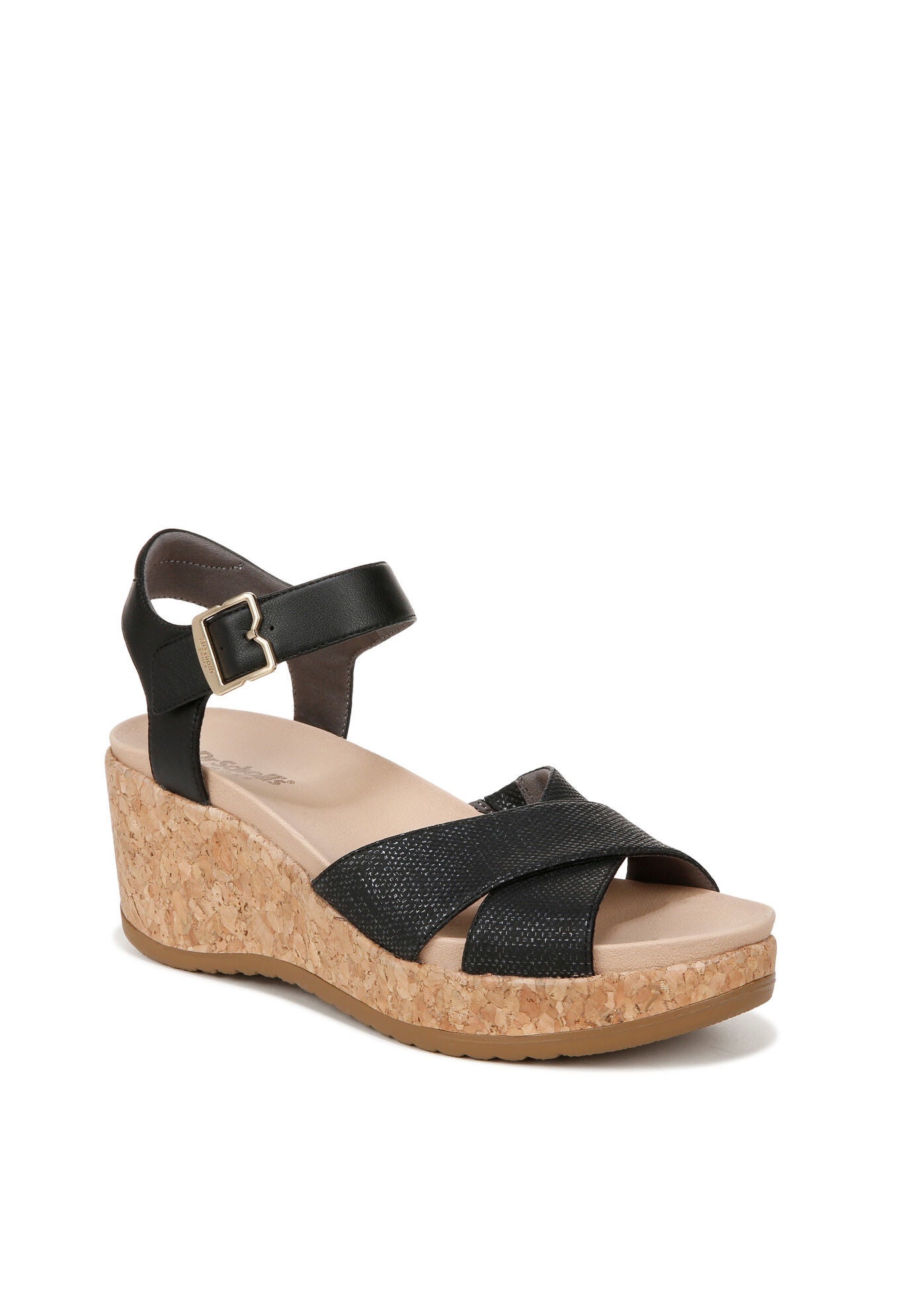 Eco-Friendly Citrine Sun Wedge Sandal, Black Faux Leather | Catherines