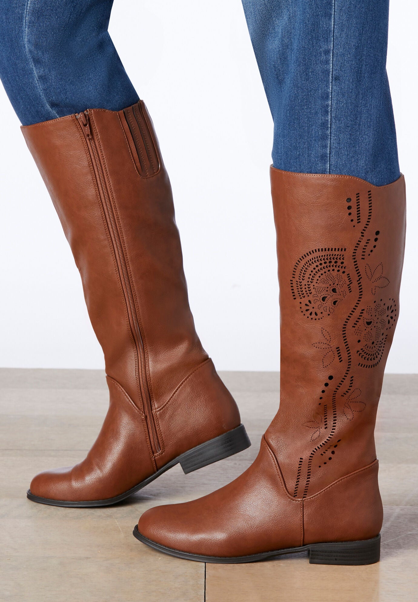 Wide Calf Leather Boots - Lili Style, Cognac | Catherines