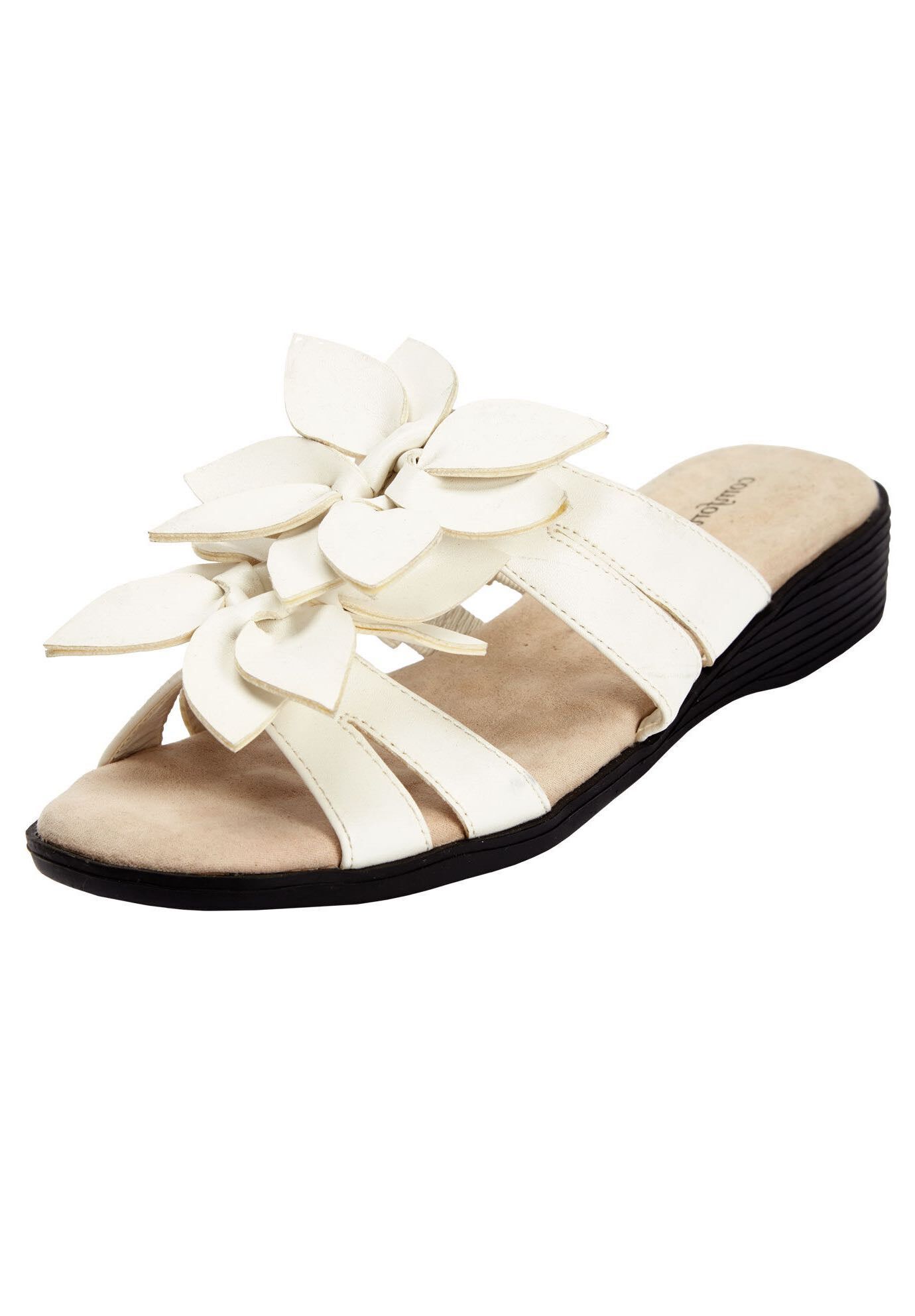 Floral Leather-Like Slip On Sandal - Paula Style, White | Catherines