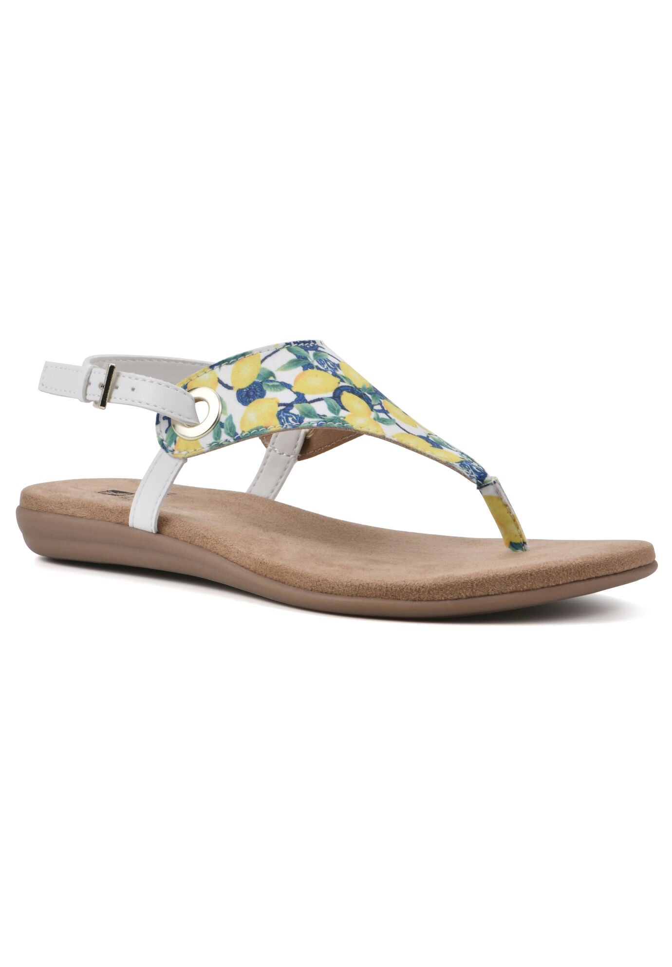 London Thong Sandal with Adjustable Strap, Yellow Multi Fabric | Catherines