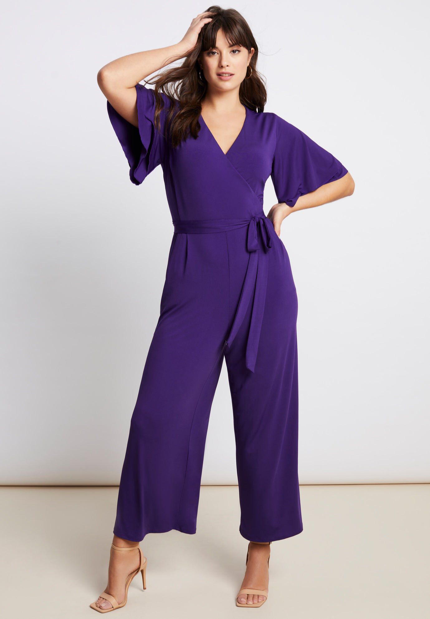 Wide-Leg Jumpsuit with Pleated Pant Legs, Midnight Violet | Catherines