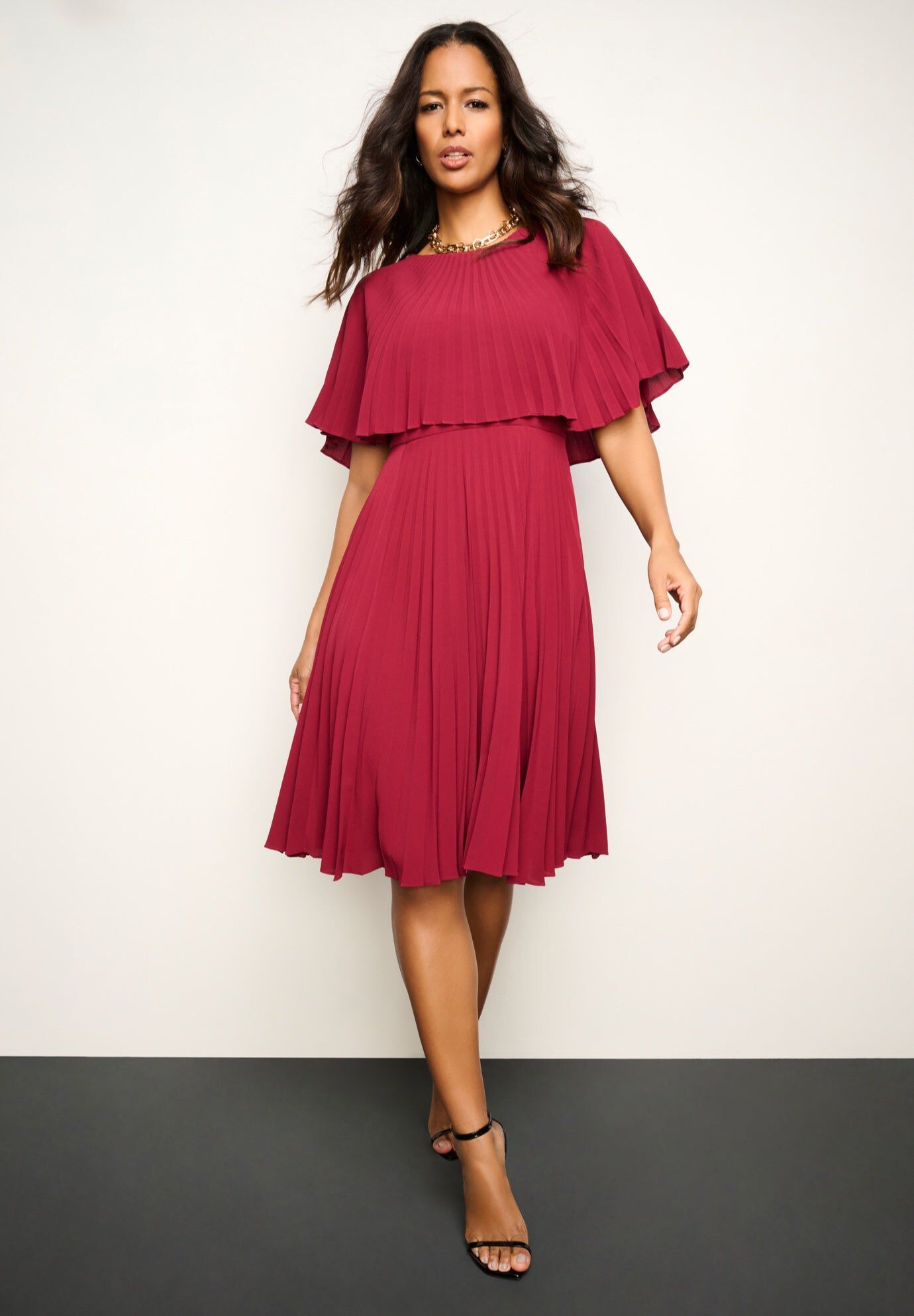 Crepe Pleated Cape Dress | Catherines
