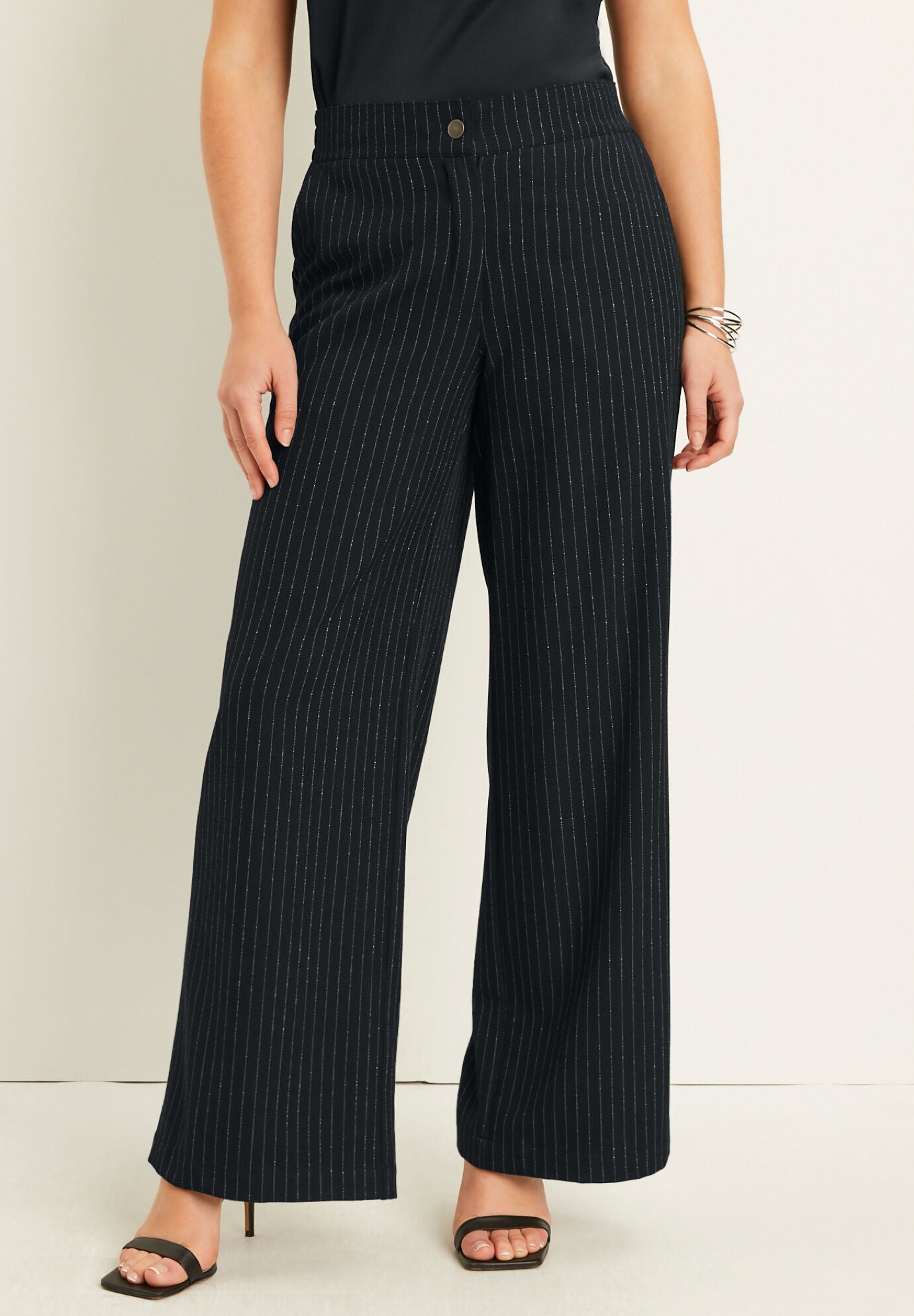 Wide-Leg Curvie Fit Metallic Pinstripe Pants, Black Metallic Stripe ...
