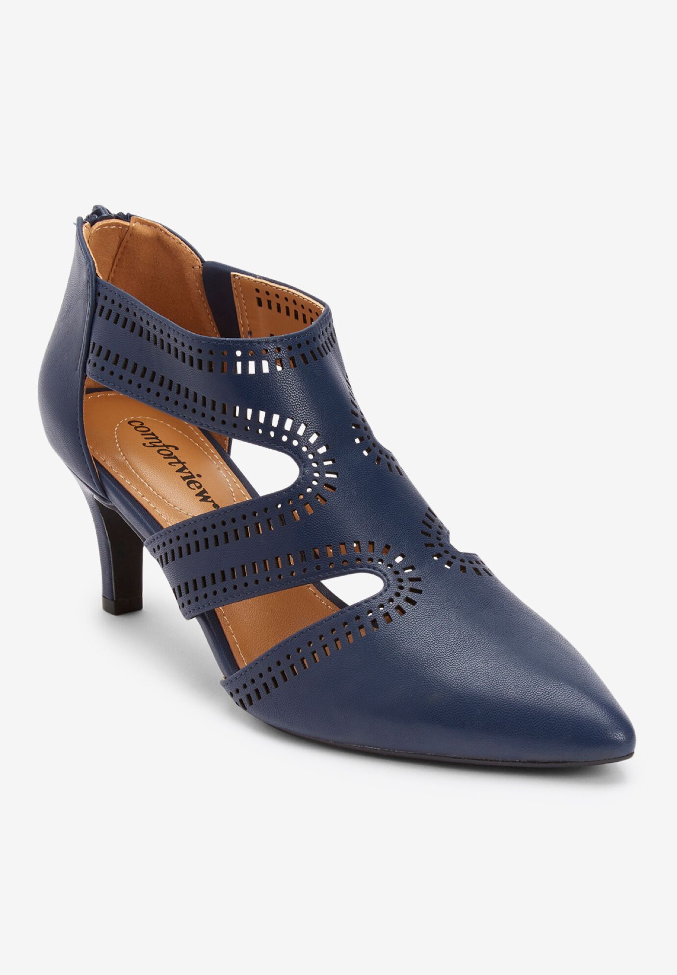 Pointed Toe Gia Shootie - Back Zipper Heel, Navy | Catherines