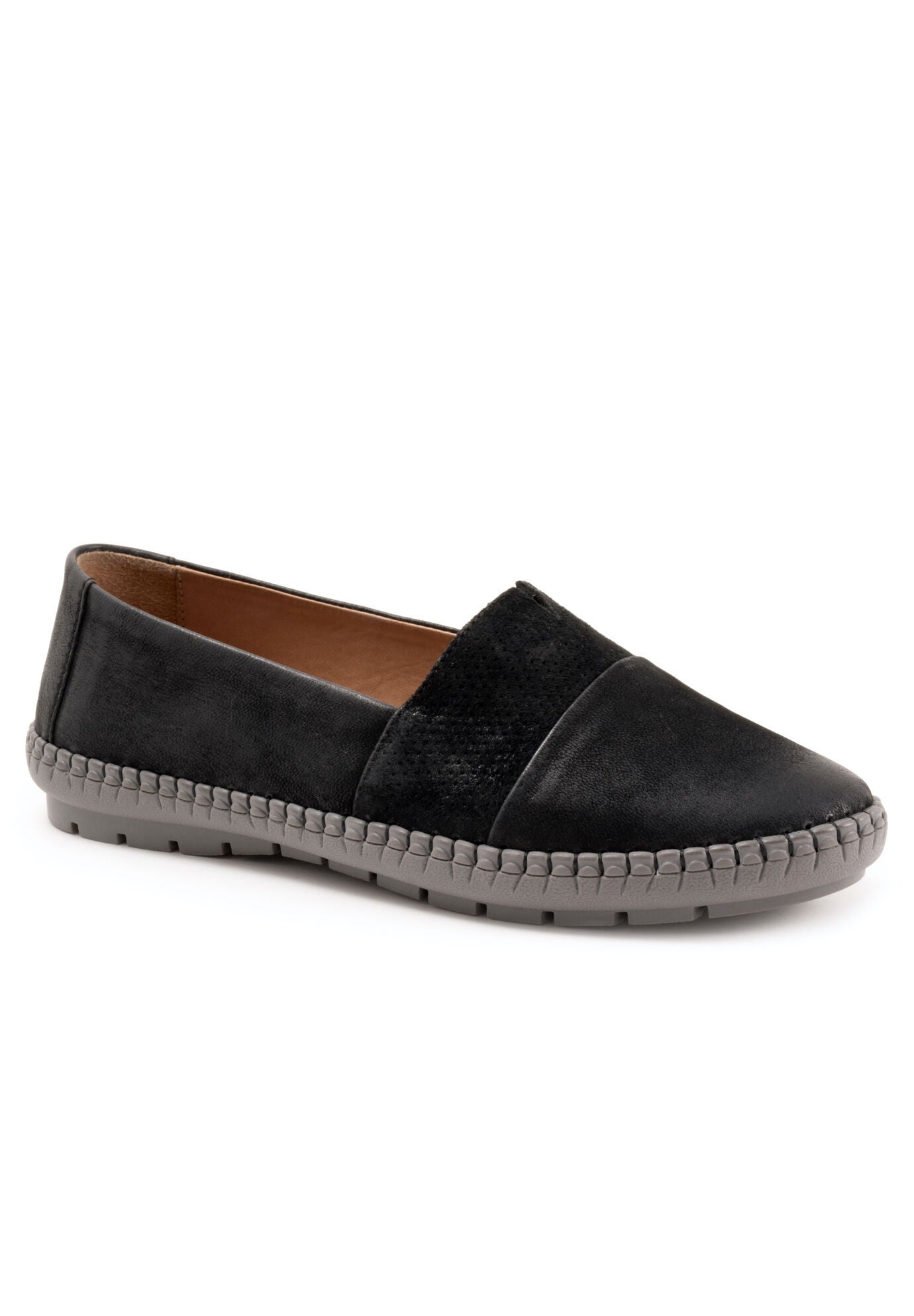 Leather Ruby Flats with Perforated Detailing, Black | Catherines