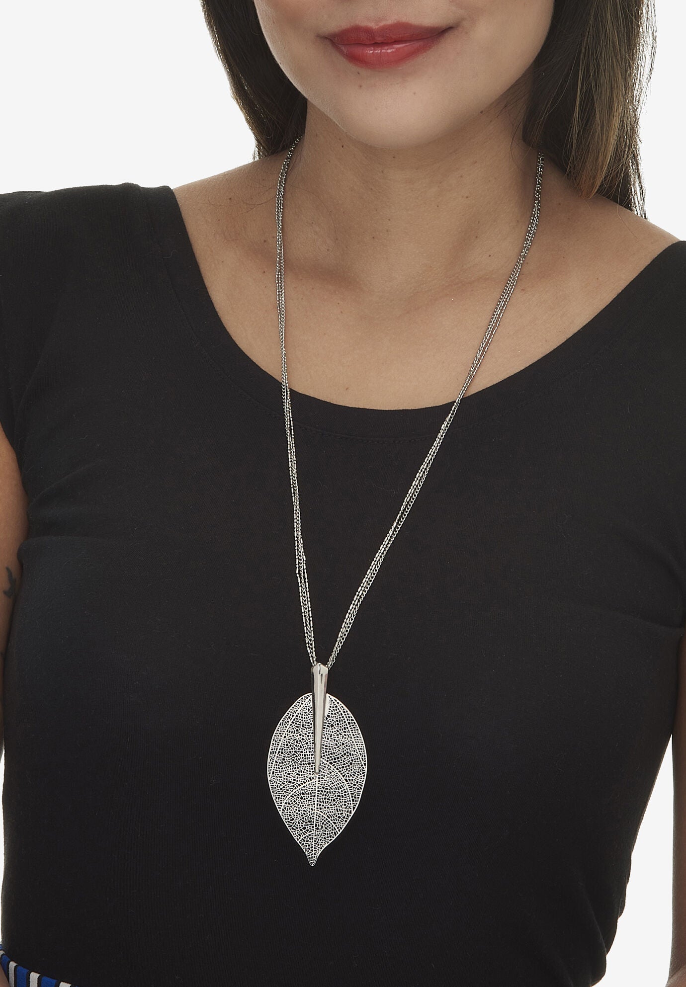 Silvertone Leaf Necklace with 26 Inch Chain, Silver | Catherines