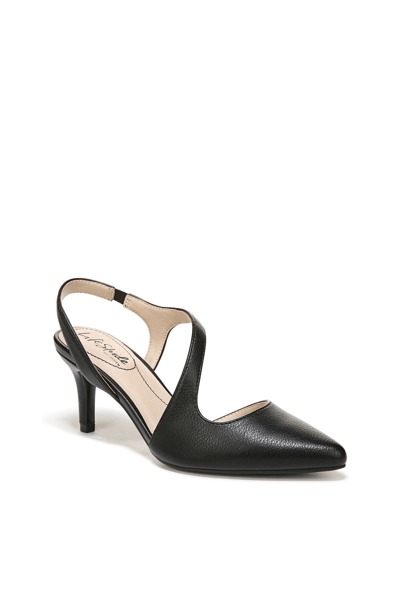 Santorini Pump with Diagonal Strap and Heel, Black Fabric | Catherines