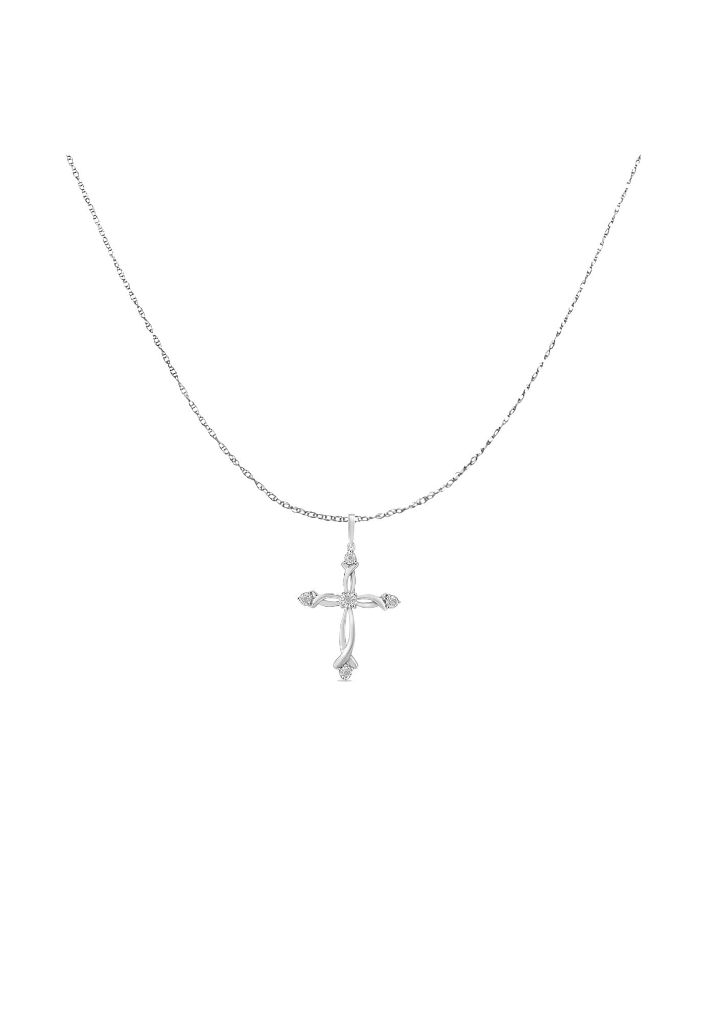 Sterling Silver Diamond Cross Pendant, Round Cut, White | Catherines