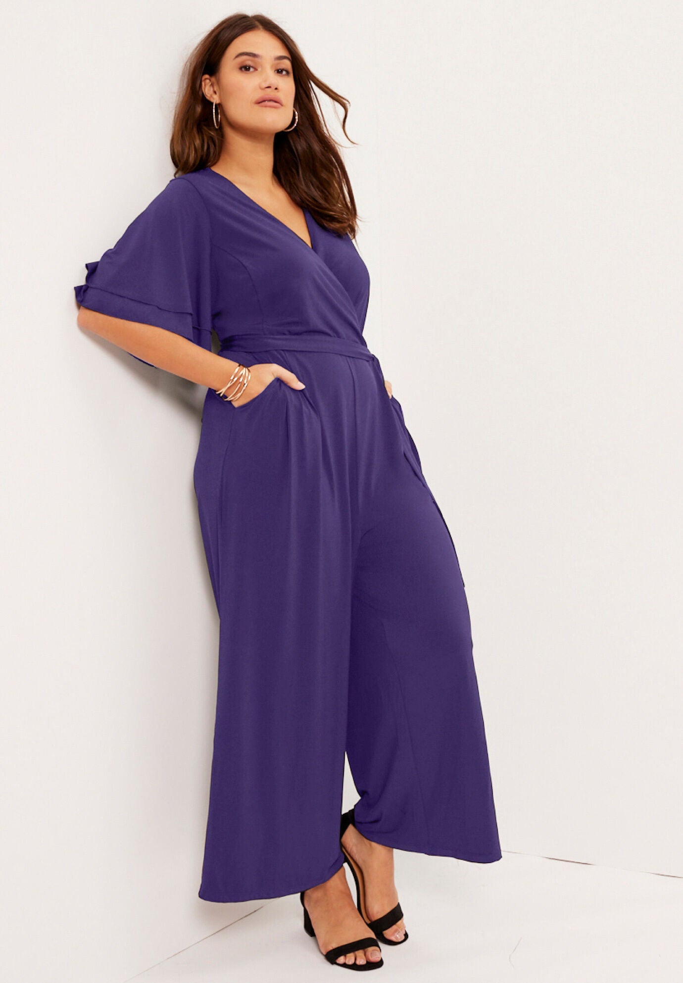 Wide-Leg Jumpsuit with Pleated Pant Legs, Midnight Violet | Catherines