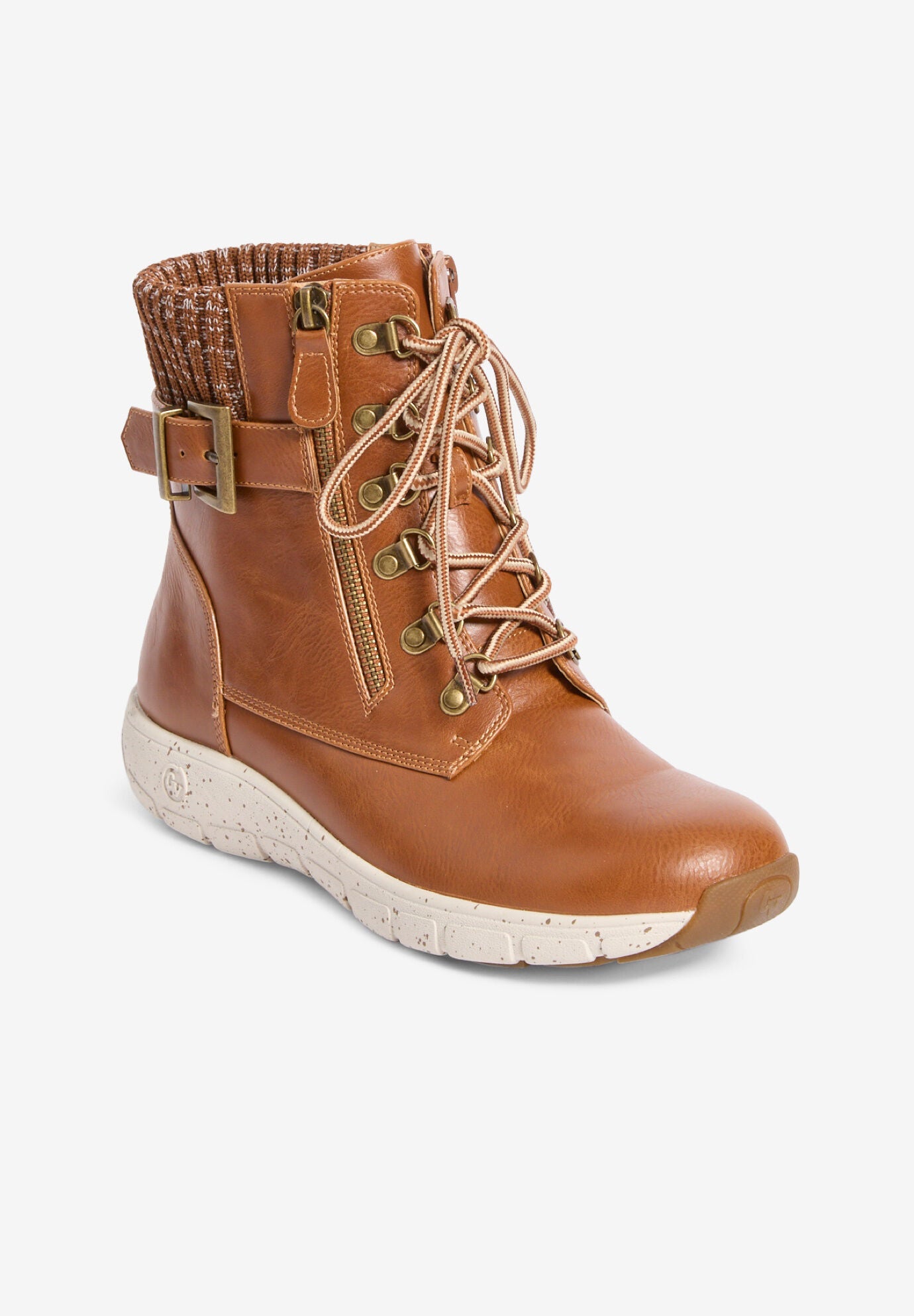 Knit-Trim Leather James Trail Boot, Full ZIP, Cognac | Catherines