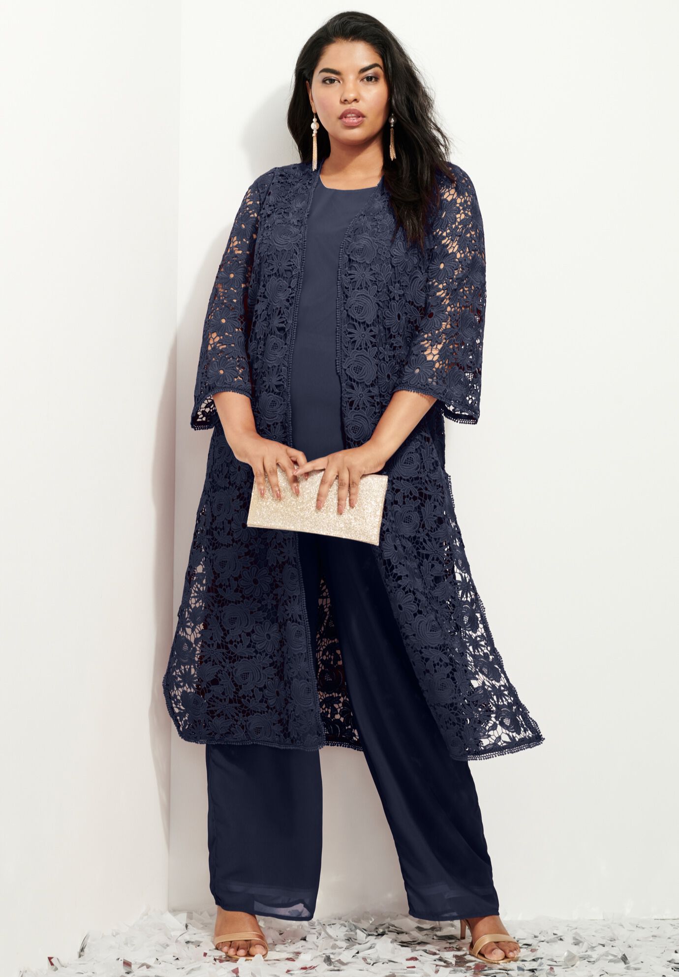 Elegant Lace Duster & Pant Suit for Women, Navy | Catherines