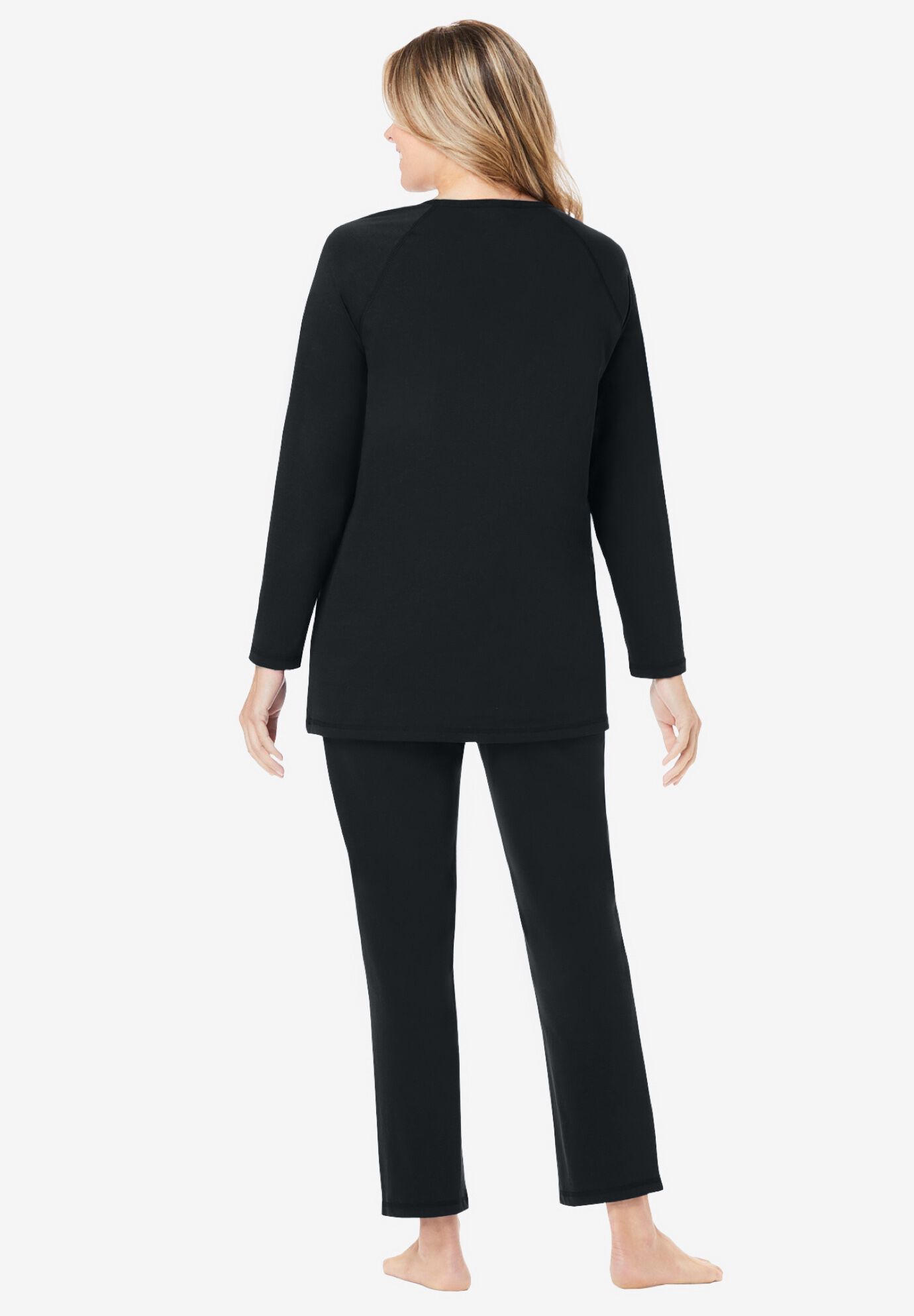 Women's Cotton 2-Piece Lounge Set Kangaroo Pocket, Black | Catherines