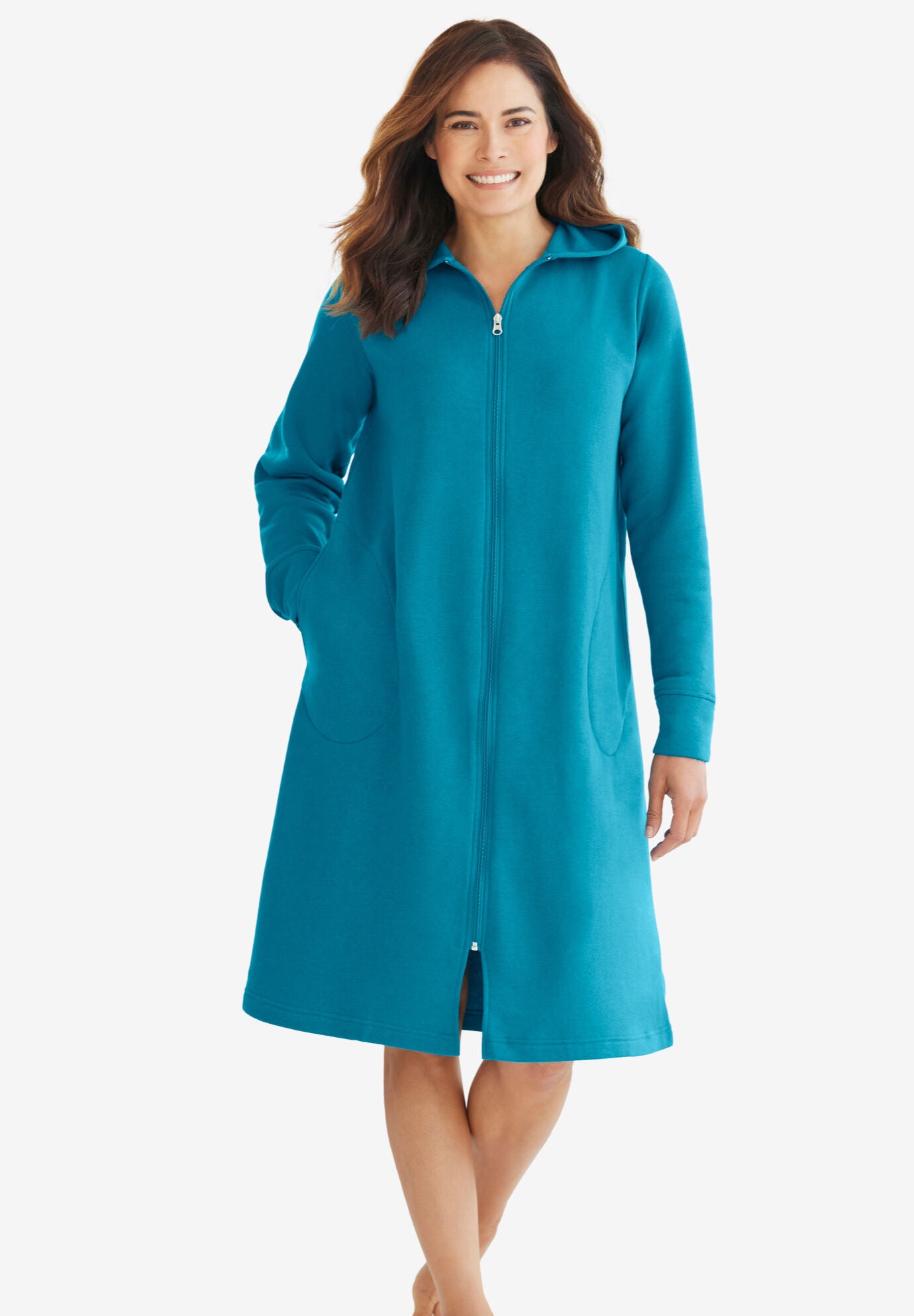 Short Hooded Sweatshirt Robe with Pockets, Deep Teal | Catherines