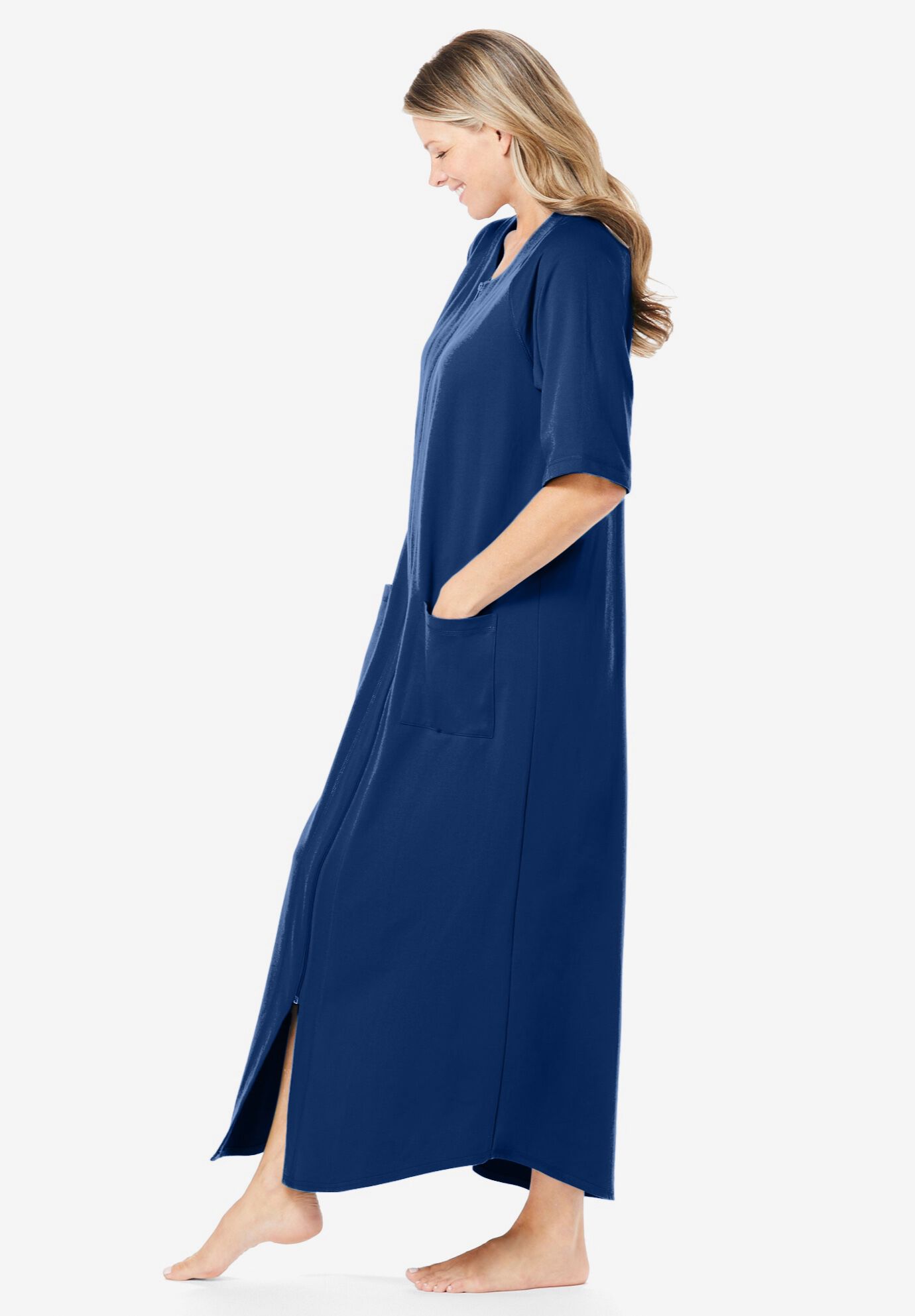 French Terry Zip-Front Long Robe - Sleepwear, Evening Blue | Catherines