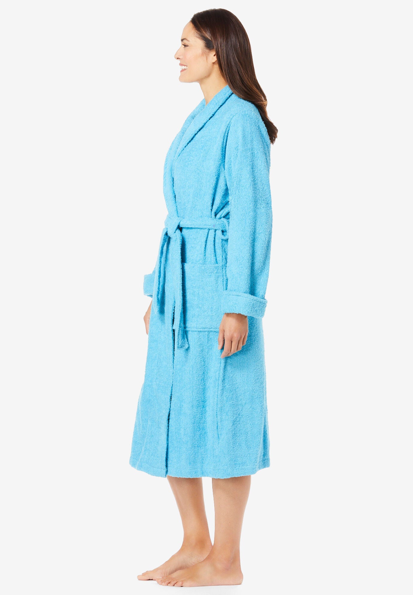Short Terry Robe with Shawl Collar & Pockets, Deep Teal | Catherines