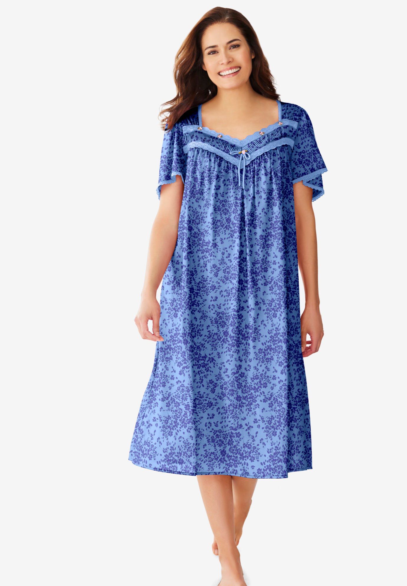 Silky Lace-Trim Gown - Short Nightgown, French Blue Flower | Catherines