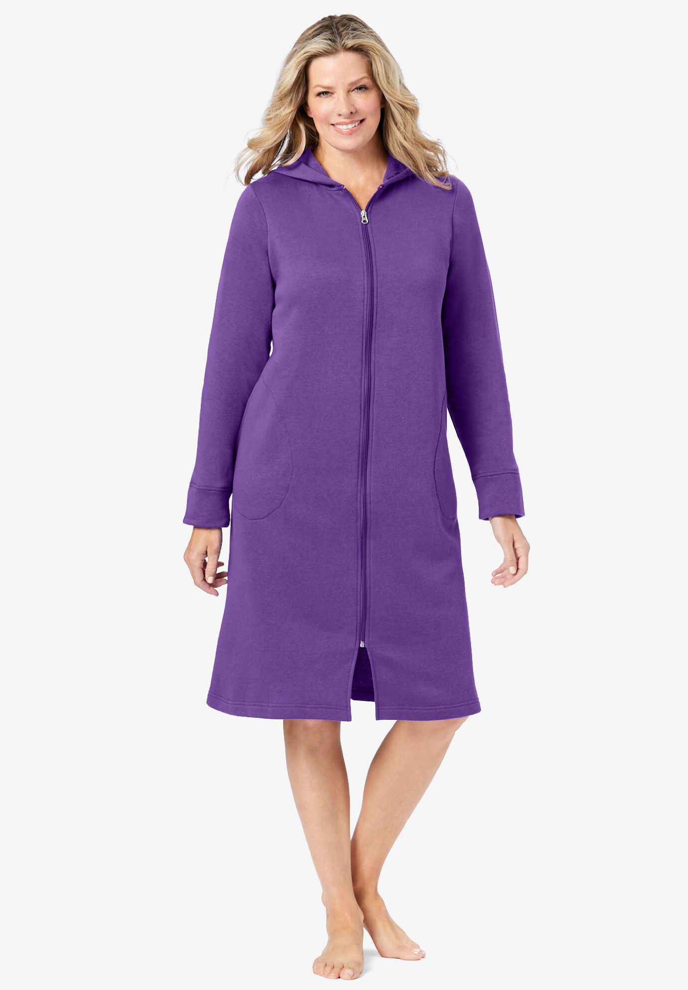Short Hooded Sweatshirt Robe with Pockets, Plum Burst | Catherines