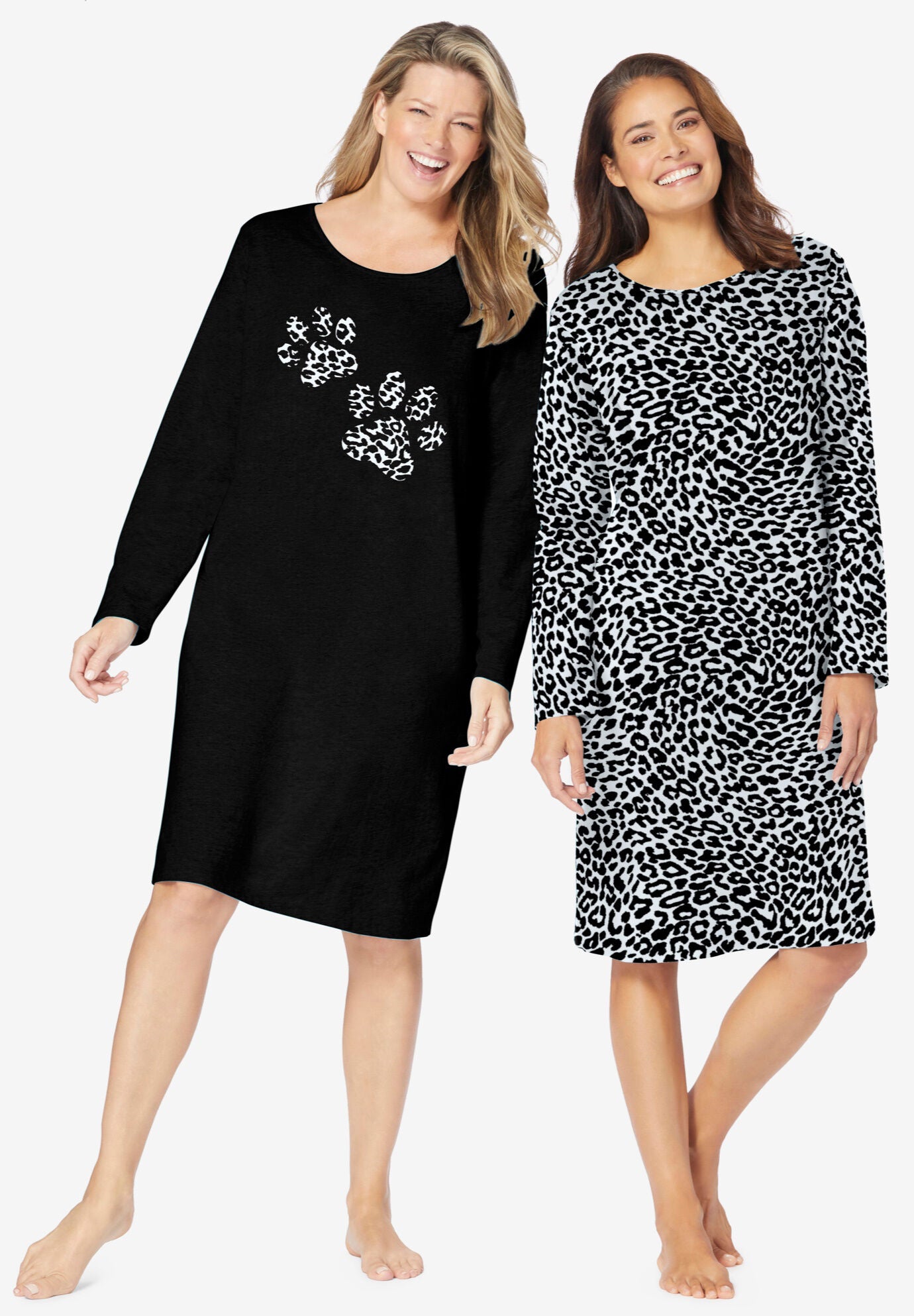 Cotton Jersey 2-Pack Long-Sleeve Sleepshirt, Black Animal Paw | Catherines
