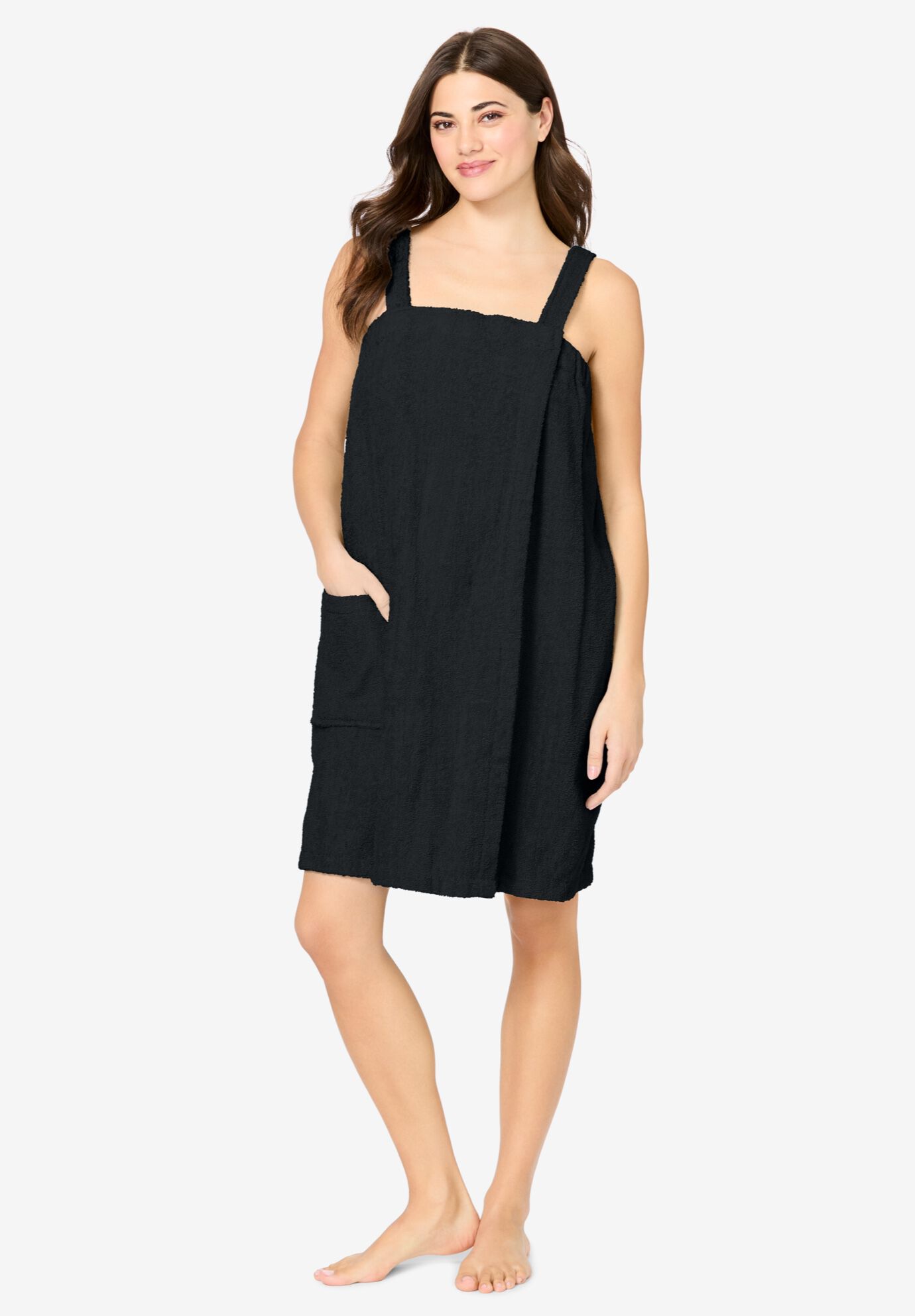 Terry Towel Wrap with Velcro Front Closure, Black | Catherines