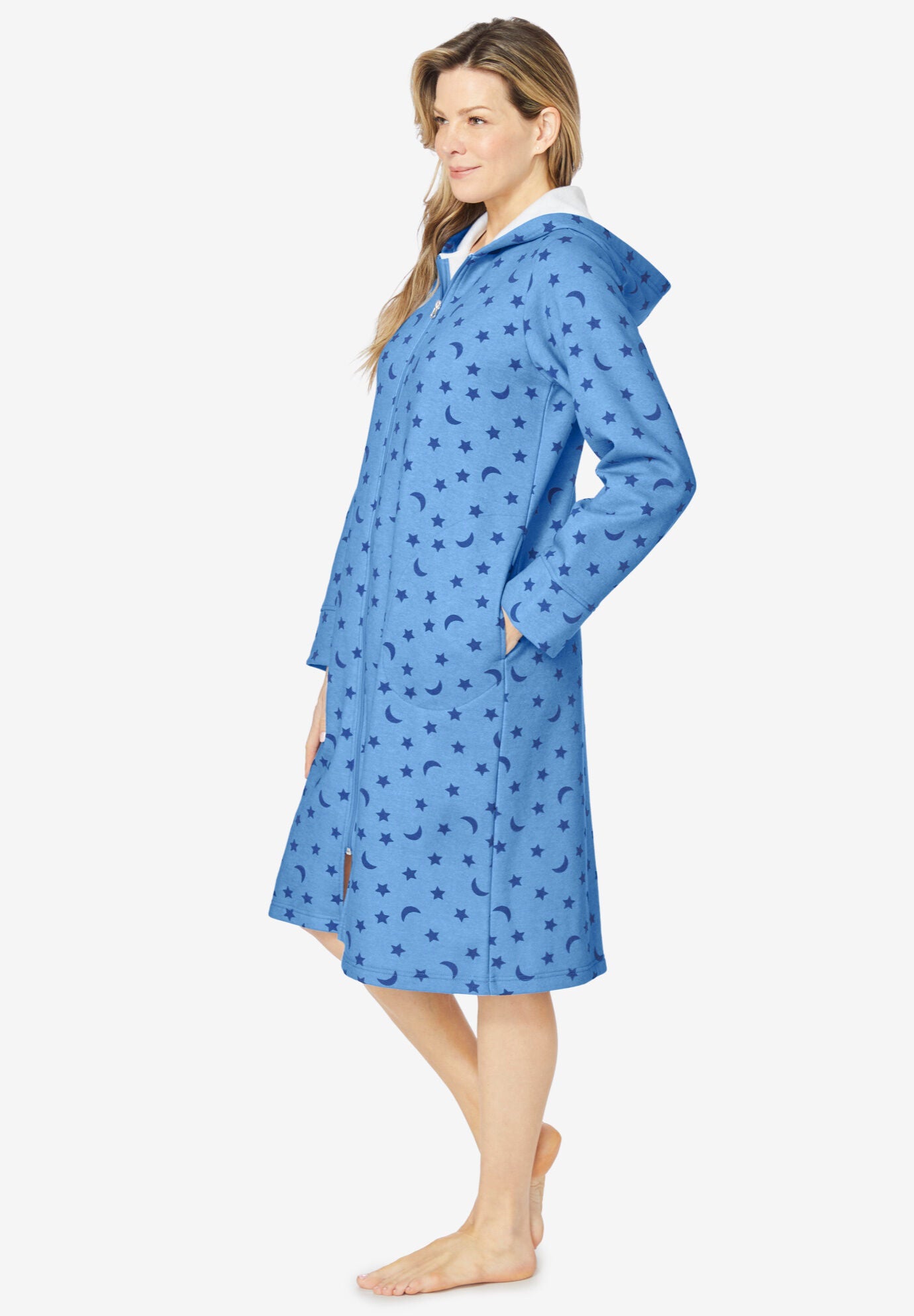 Short Hooded Sweatshirt Robe with Pockets, Deep Teal | Catherines