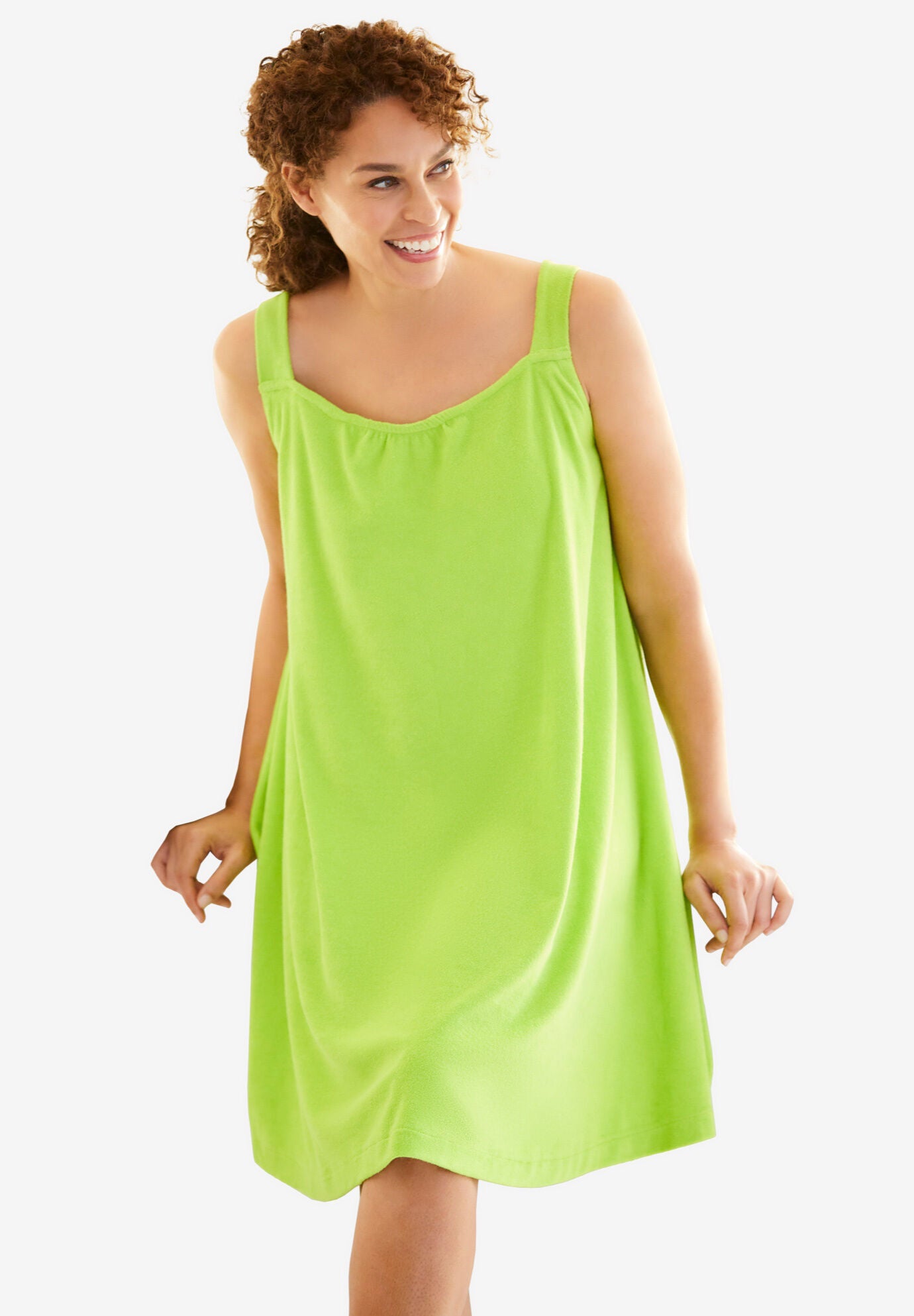 Sleeveless Terry Lounger Relaxed Fit Bathrobe, Dark Lime | Catherines