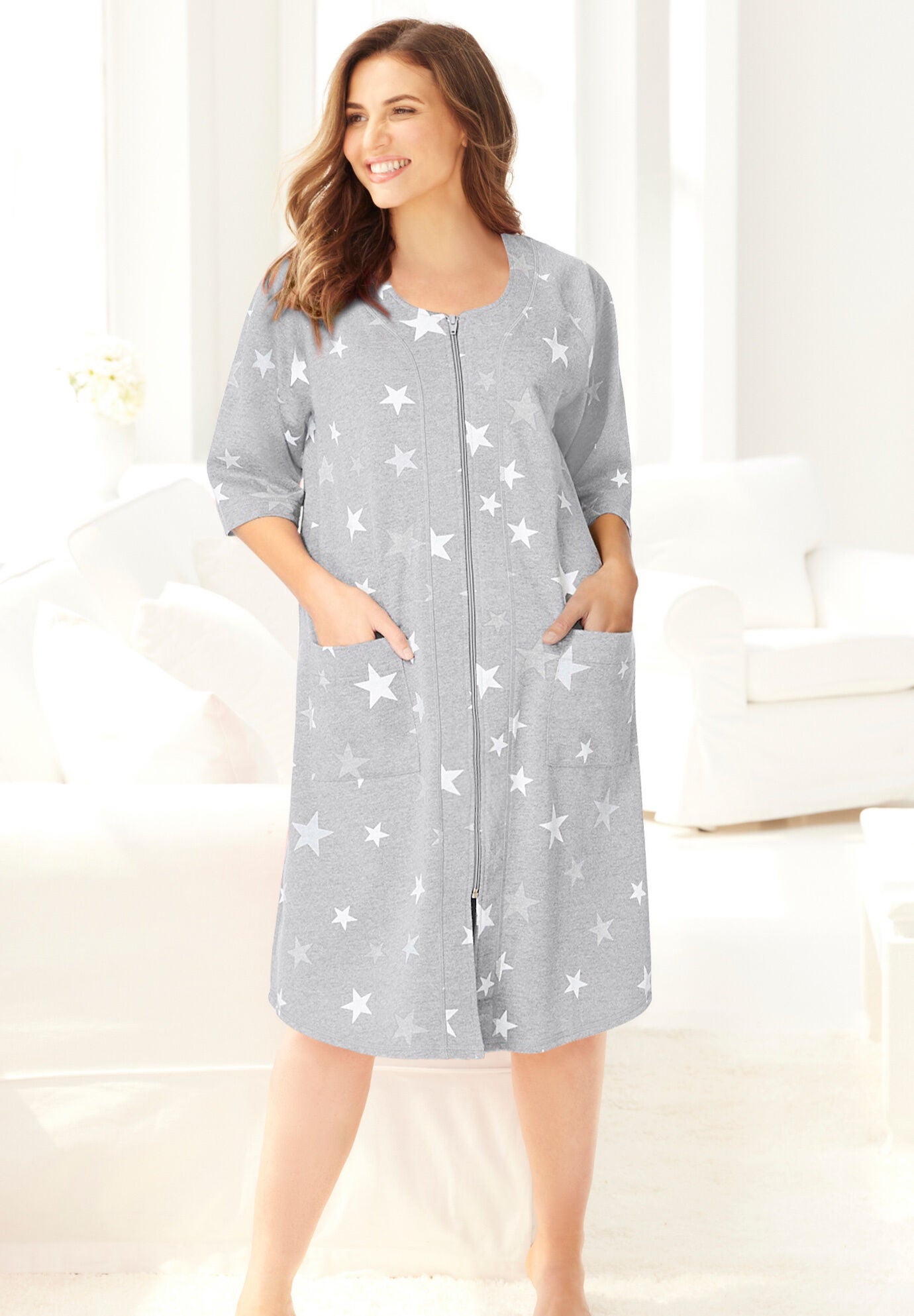 Short French Terry Zip-Front Robe | Catherines