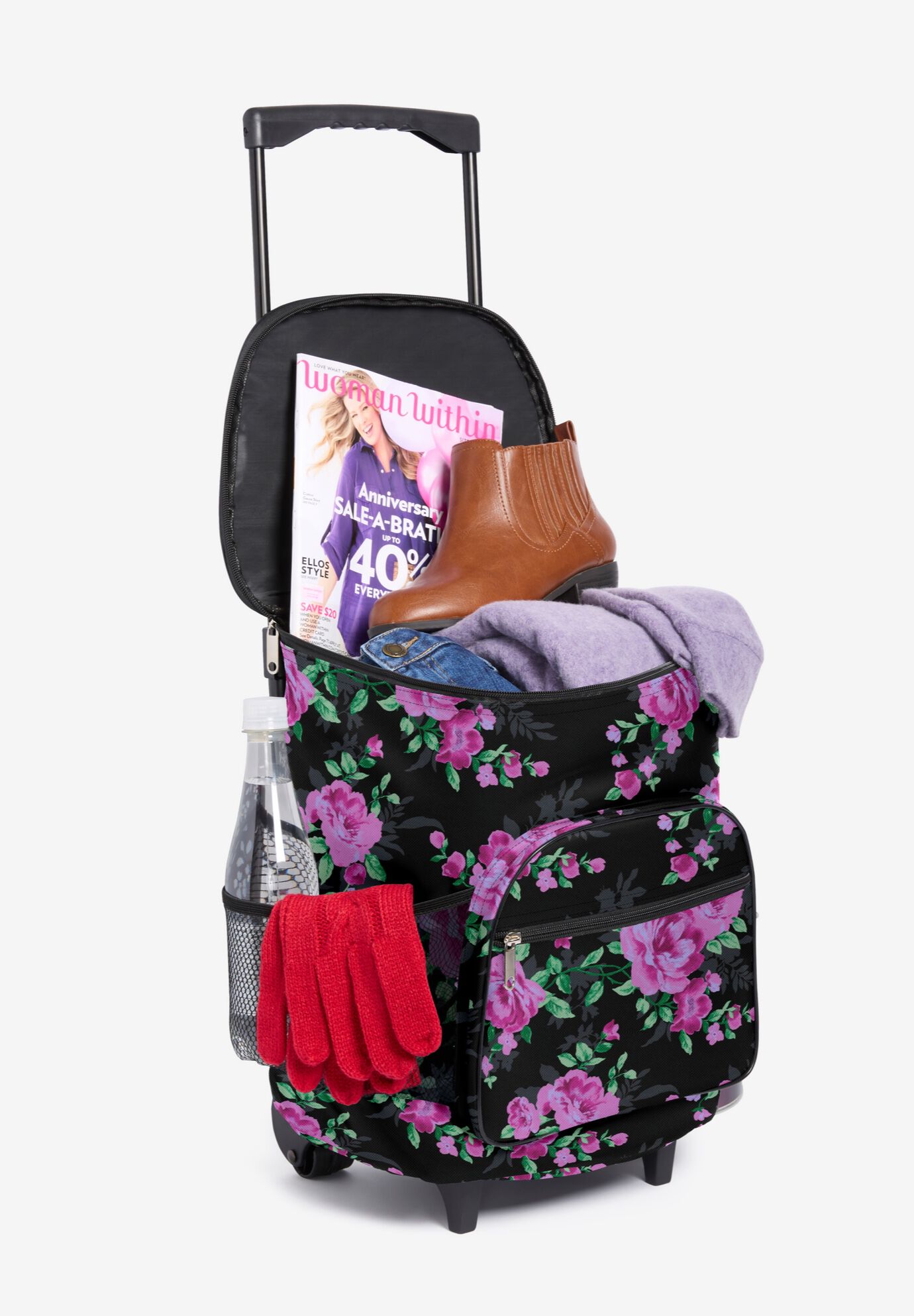Floral Trolley with Storage Pockets, Black Pretty Rose | Catherines