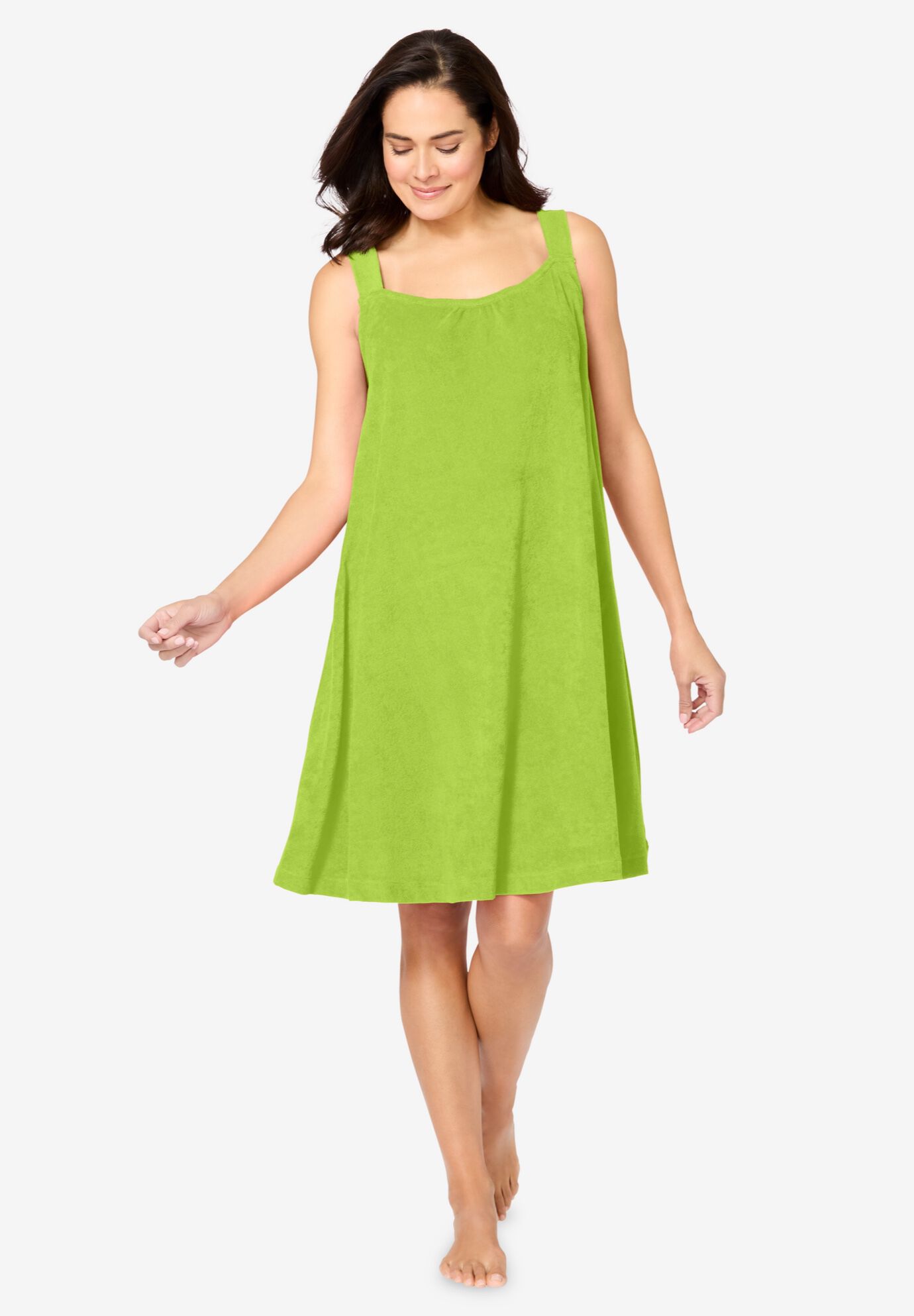 Sleeveless Terry Lounger Relaxed Fit Bathrobe, Dark Lime | Catherines