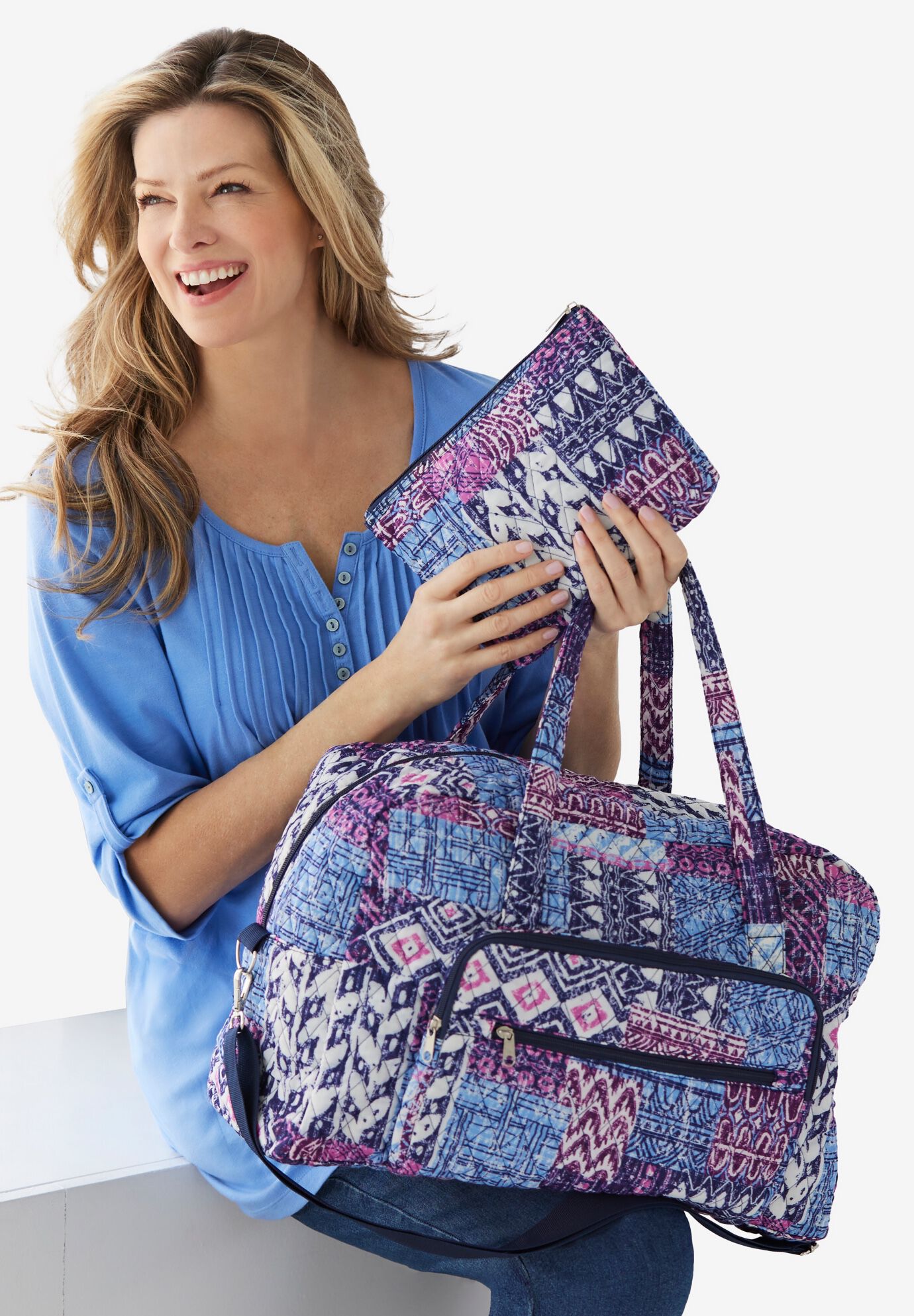 Weekender Set - 2-Piece Travel Bag and Case, Navy Geo Patchwork | Catherines