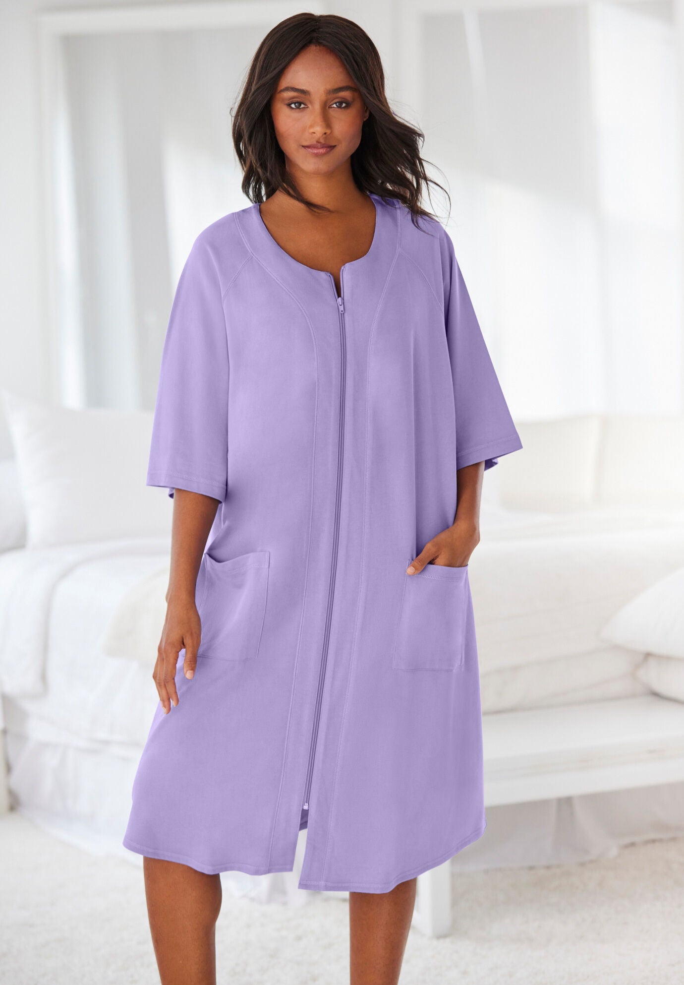 French Terry Zip-Front Robe - Lounge Essential, Heather Grey | Catherines